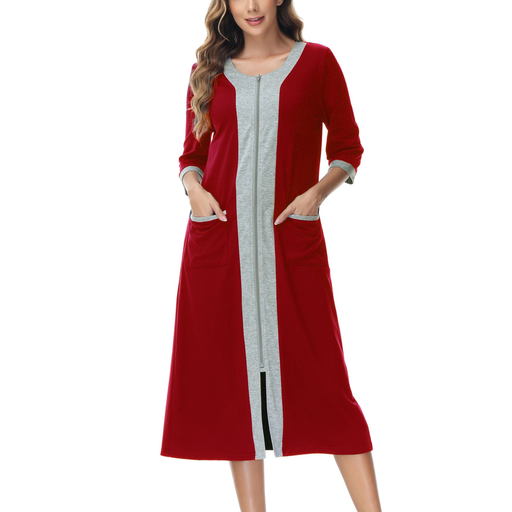 Defitshape Women's 3/4 Sleeve Robe House Coat Zipper Bathrobes Full Zip ...