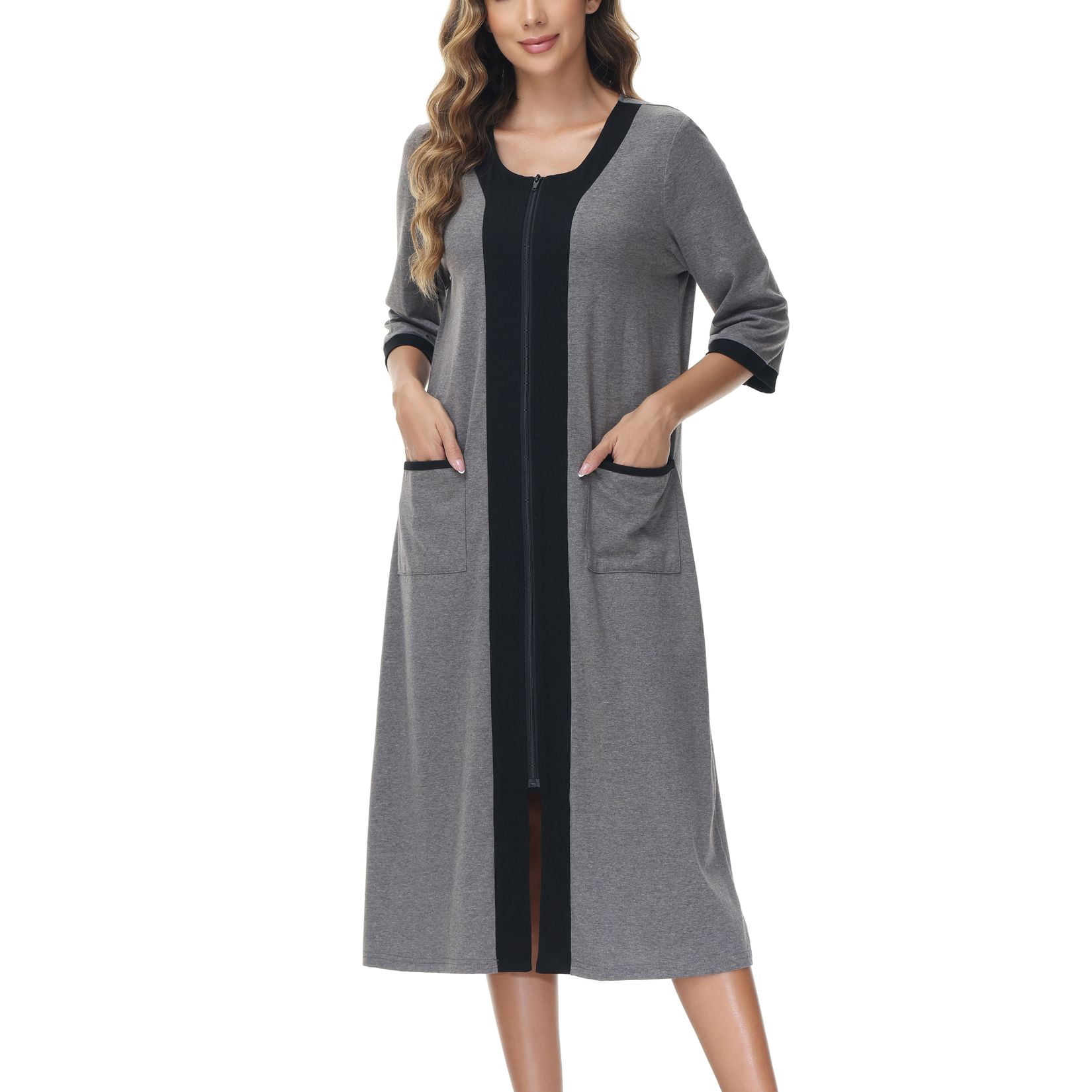 Defitshape Women's 3/4 Sleeve Robe House Coat Zipper Bathrobes Full Zip ...