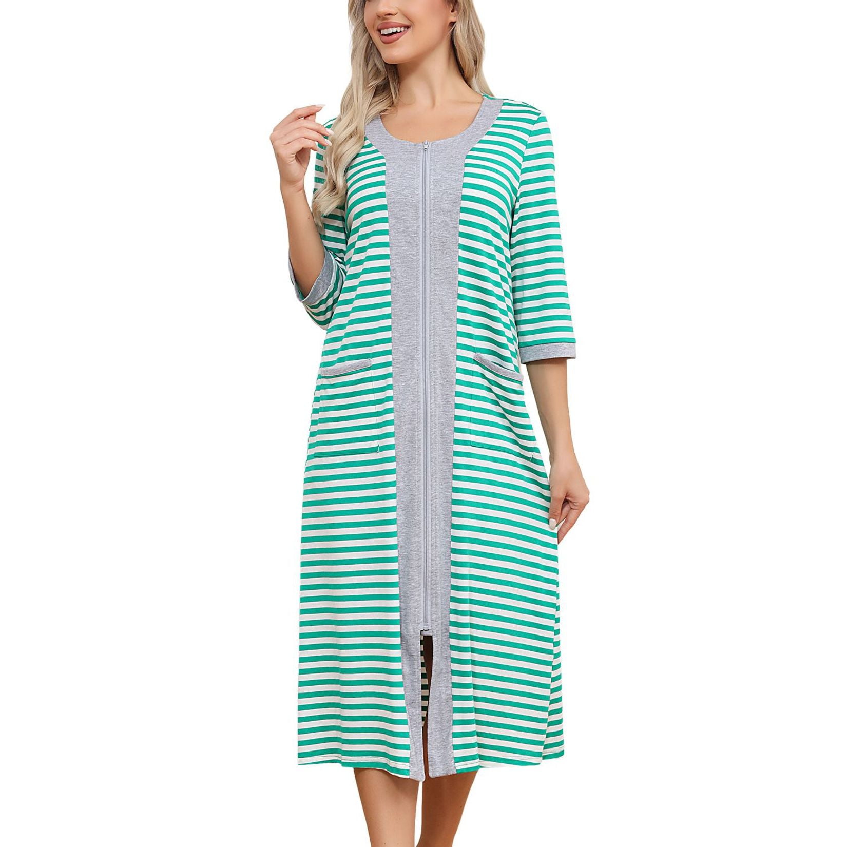 Defitshape Women's 3/4 Sleeve Robe House Coat Zipper Bathrobes Full Zip ...