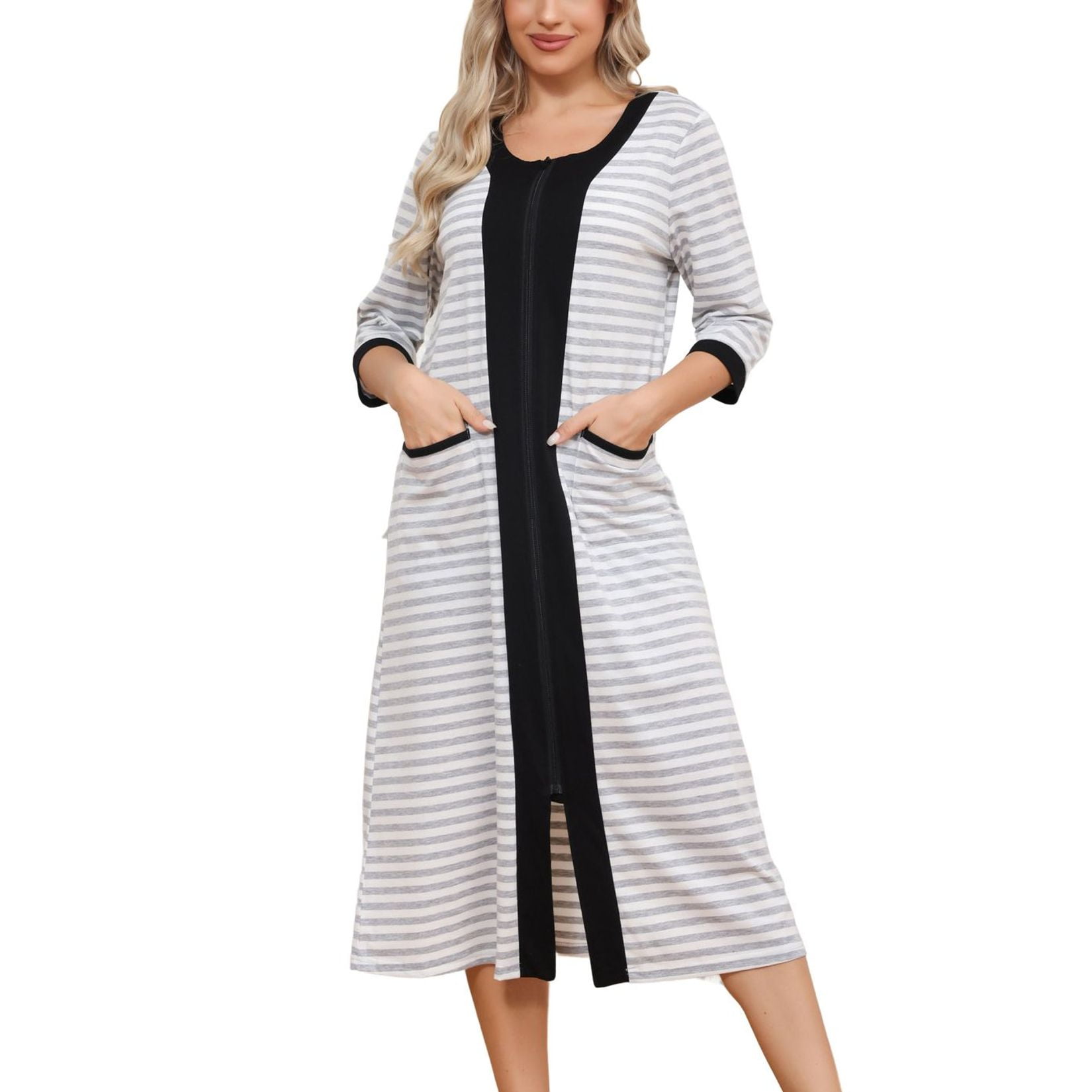 Defitshape Women's 3/4 Sleeve Robe House Coat Zipper Bathrobes Full Zip ...