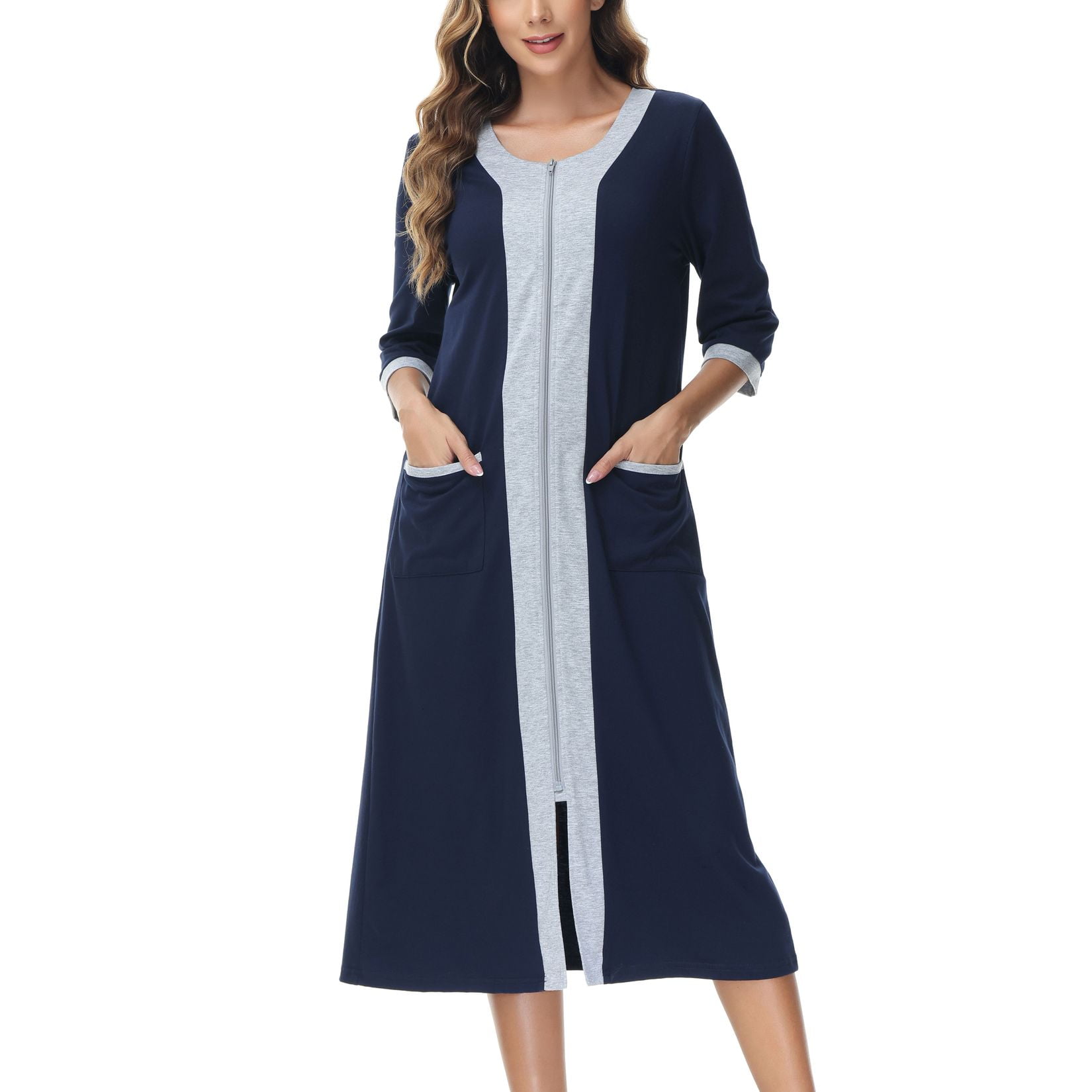 Defitshape Women's 3/4 Sleeve Robe House Coat Zipper Bathrobes Full Zip ...