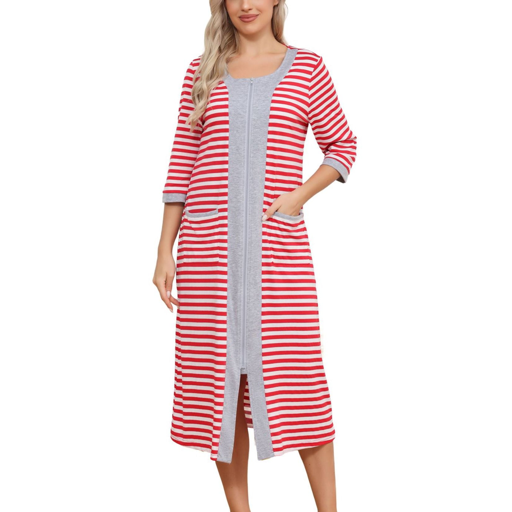 Defitshape Women's 3/4 Sleeve Robe House Coat Zipper Bathrobes Full Zip ...