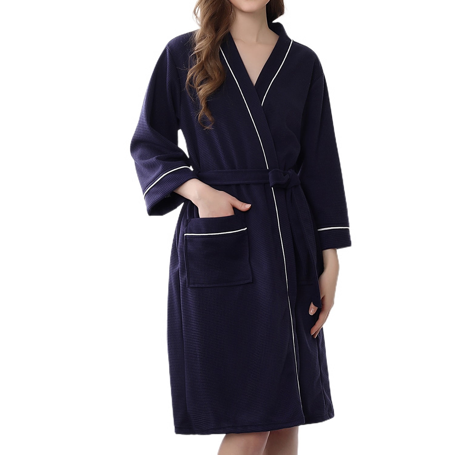 Defitshape Women's 3/4 Sleeves Bathrobe Spa Pockets Waffle Bath Robes ...