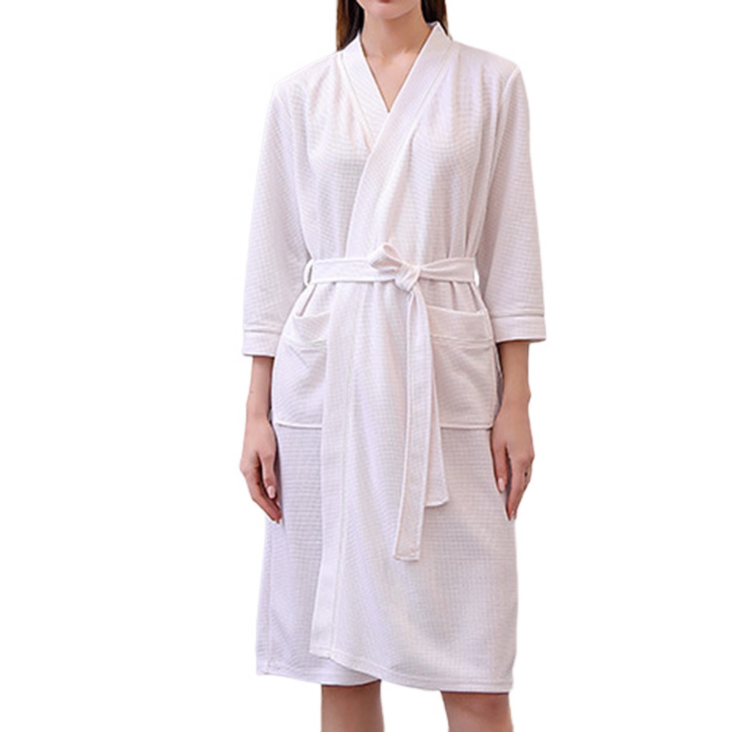 Defitshape Women's 3/4 Sleeves Bathrobe Spa Pockets Waffle Bath Robes ...