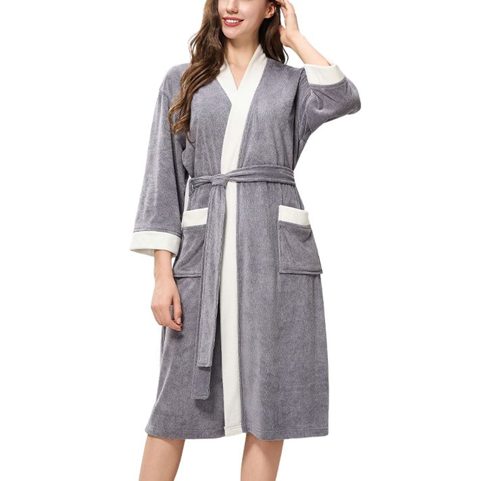 Defitshape Women's All Seasons Bathrobe Billowy Bath Robe Belt ...