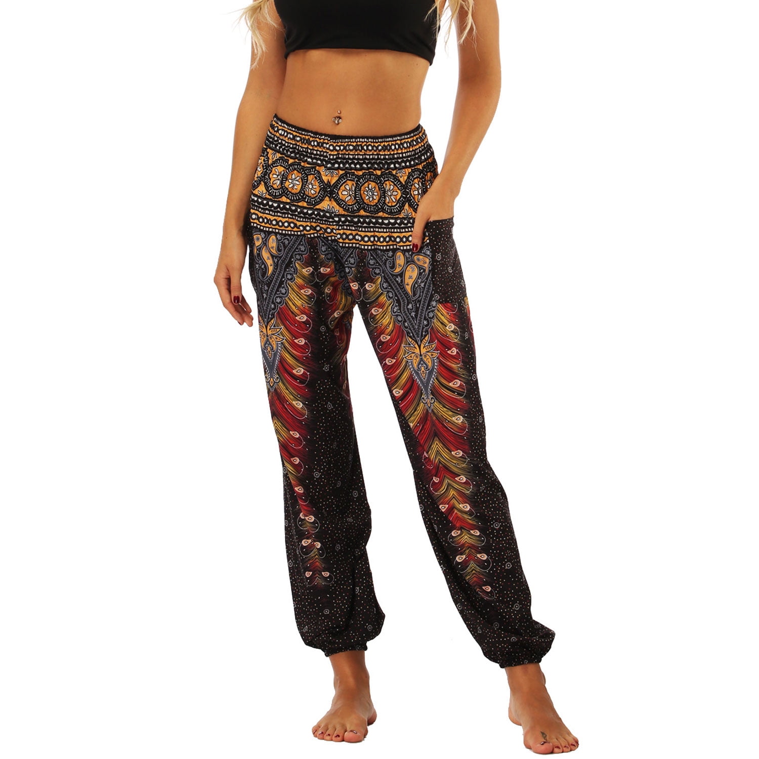 Defitshape Women's Boho Harem Pants Smocked Waist Yoga Hippie Palazzo ...