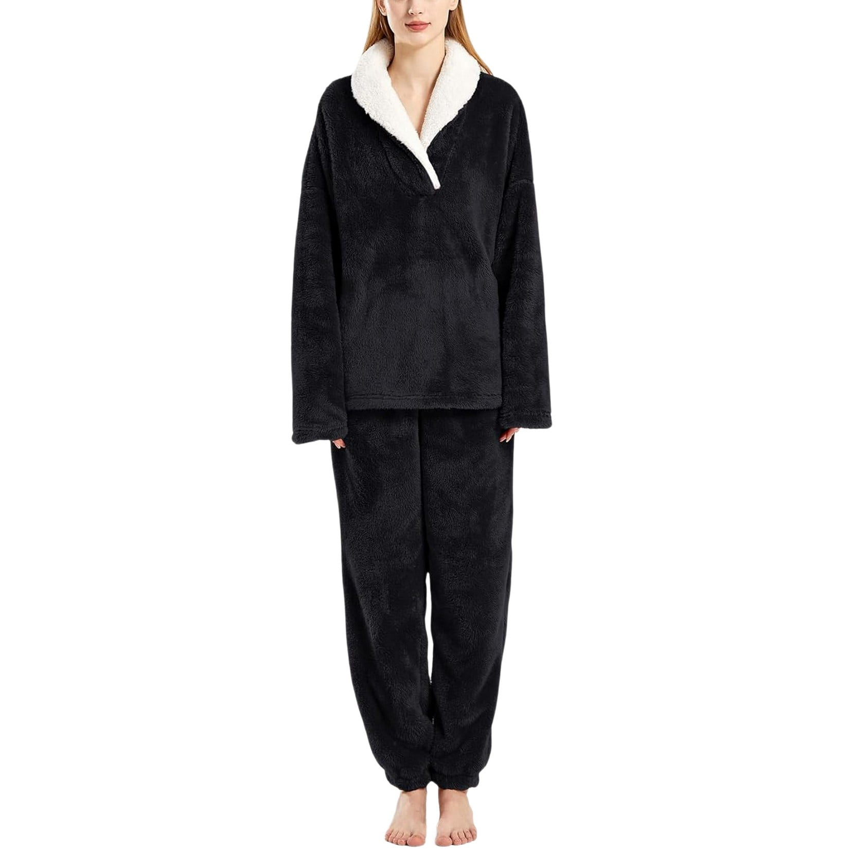 Defitshape Women's Bottom Closed Fleece Pajama Set Cold Weather ...