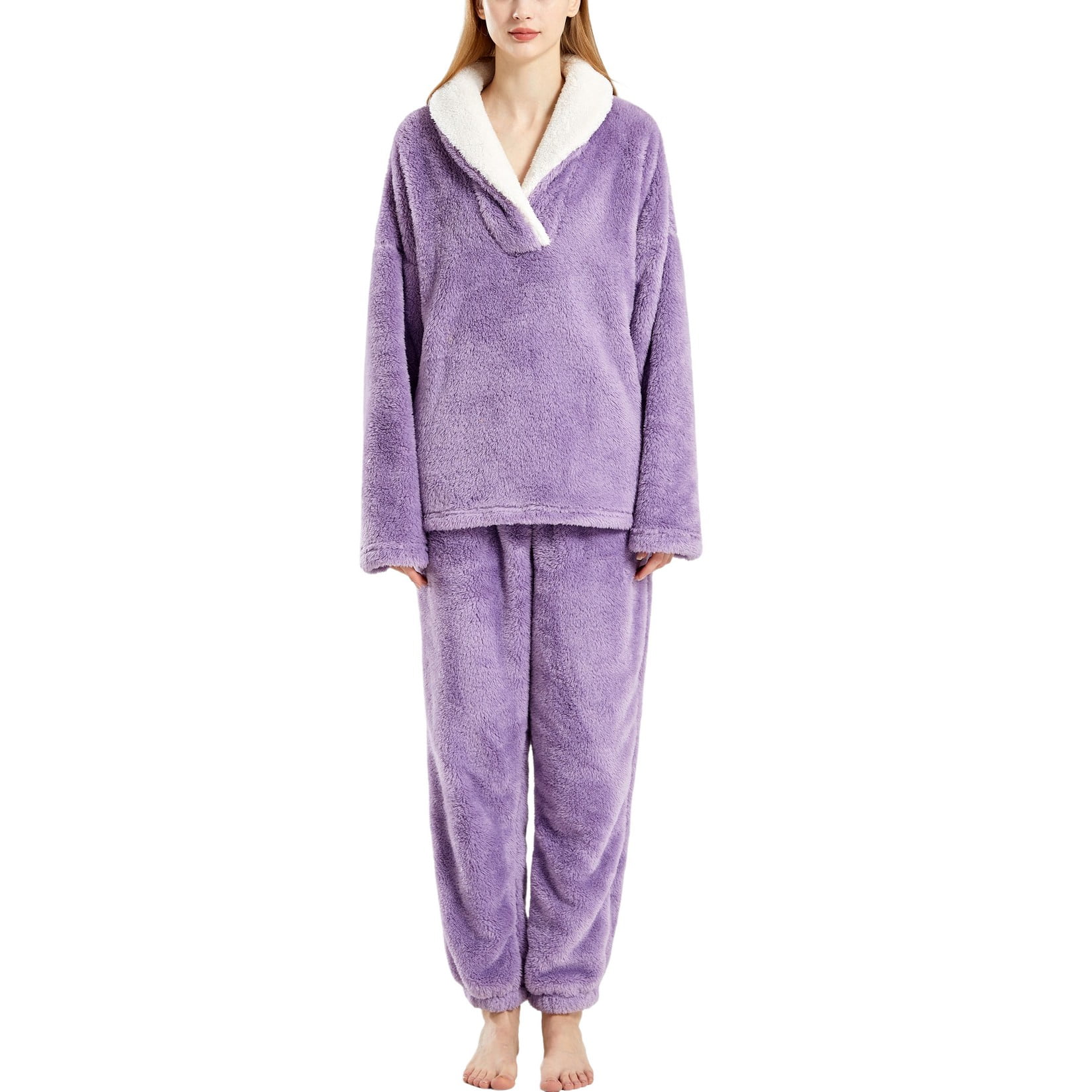 Defitshape Women's Bottom Closed Fleece Pajama Set Cold Weather ...