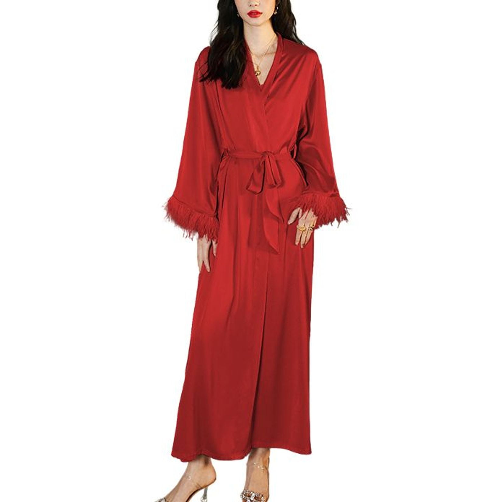 Defitshape Women's Calf Length Bathrobe Comfy Satin Bridal Bath Robes ...