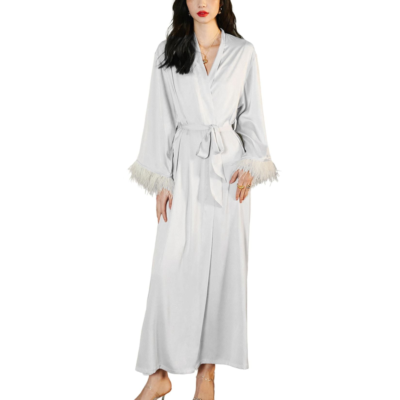 Defitshape Women's Calf Length Bathrobe Comfy Satin Bridal Bath Robes ...