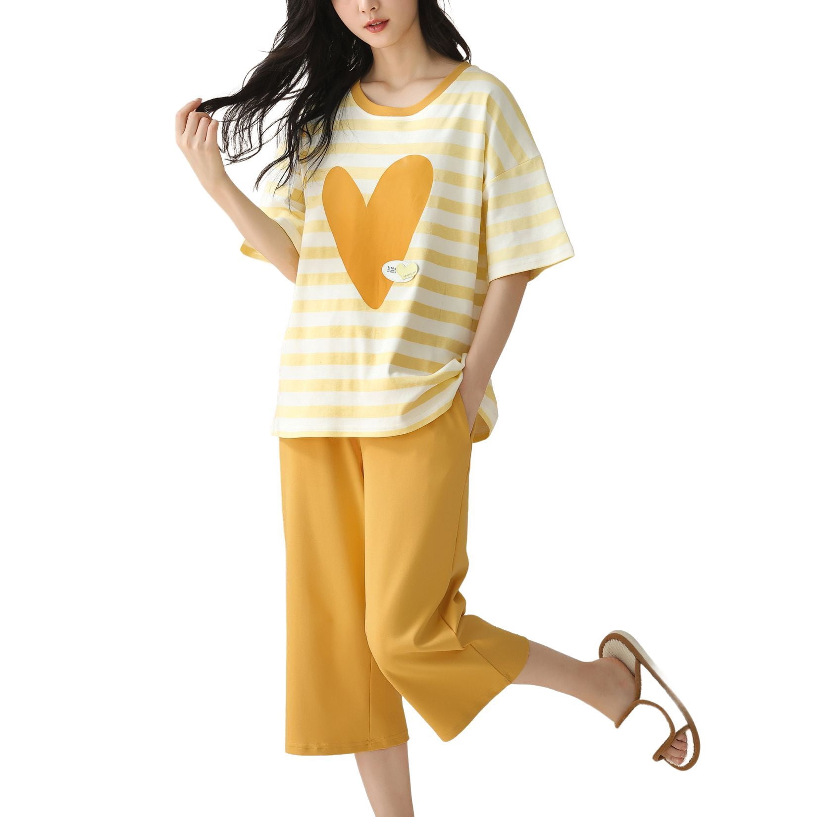 Defitshape Women's Capri Pajama Set Crew Neck Pjs Short Sleeve Cute 100 ...