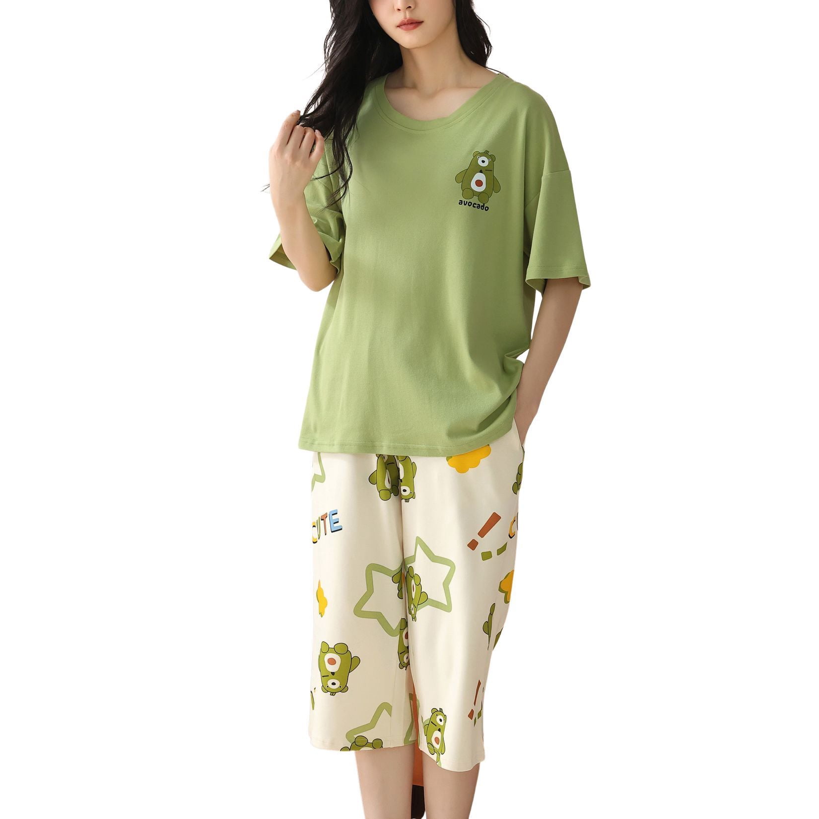 Defitshape Women's Capri Pajama Set Crew Neck Pjs Short Sleeve Cute 100 ...