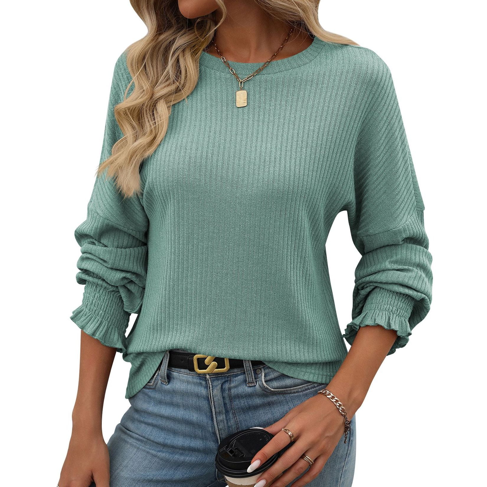 Defitshape Women's Casual Pullovers Sweater Chic Pullover Crew Neck ...