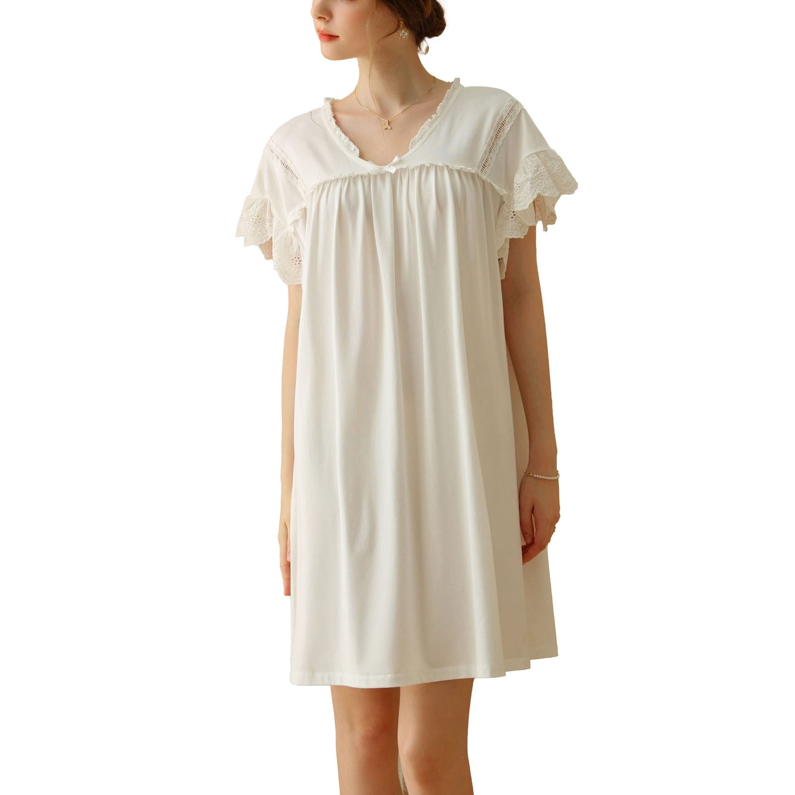 Defitshape Women's Cotton Nightgown Summer Pajama Dress Short Sleeve ...