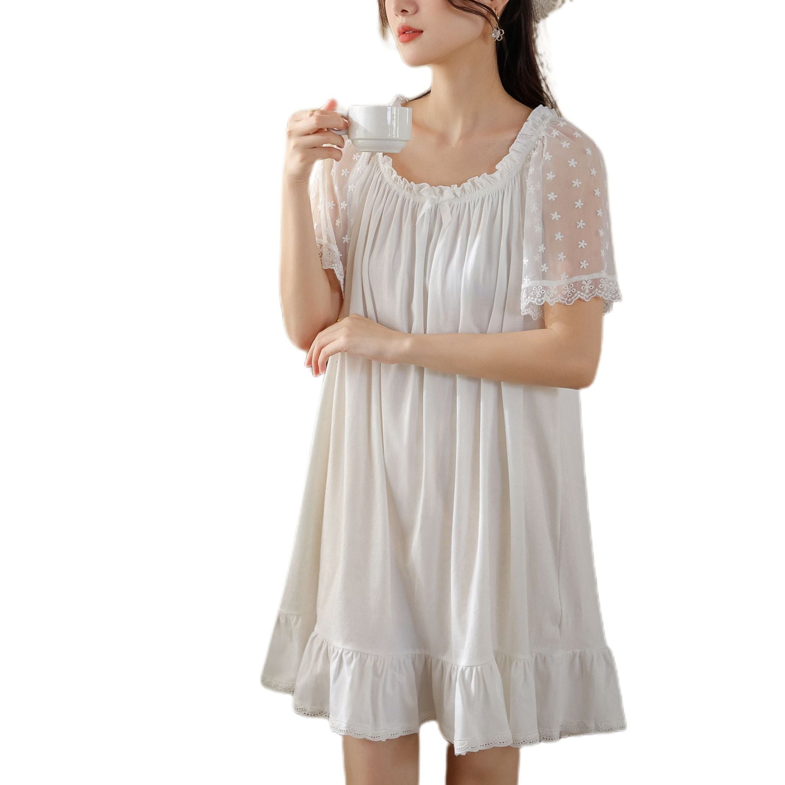 Defitshape Women's Cotton Victorian Nightgown Soft Ruched Scoop Neck ...