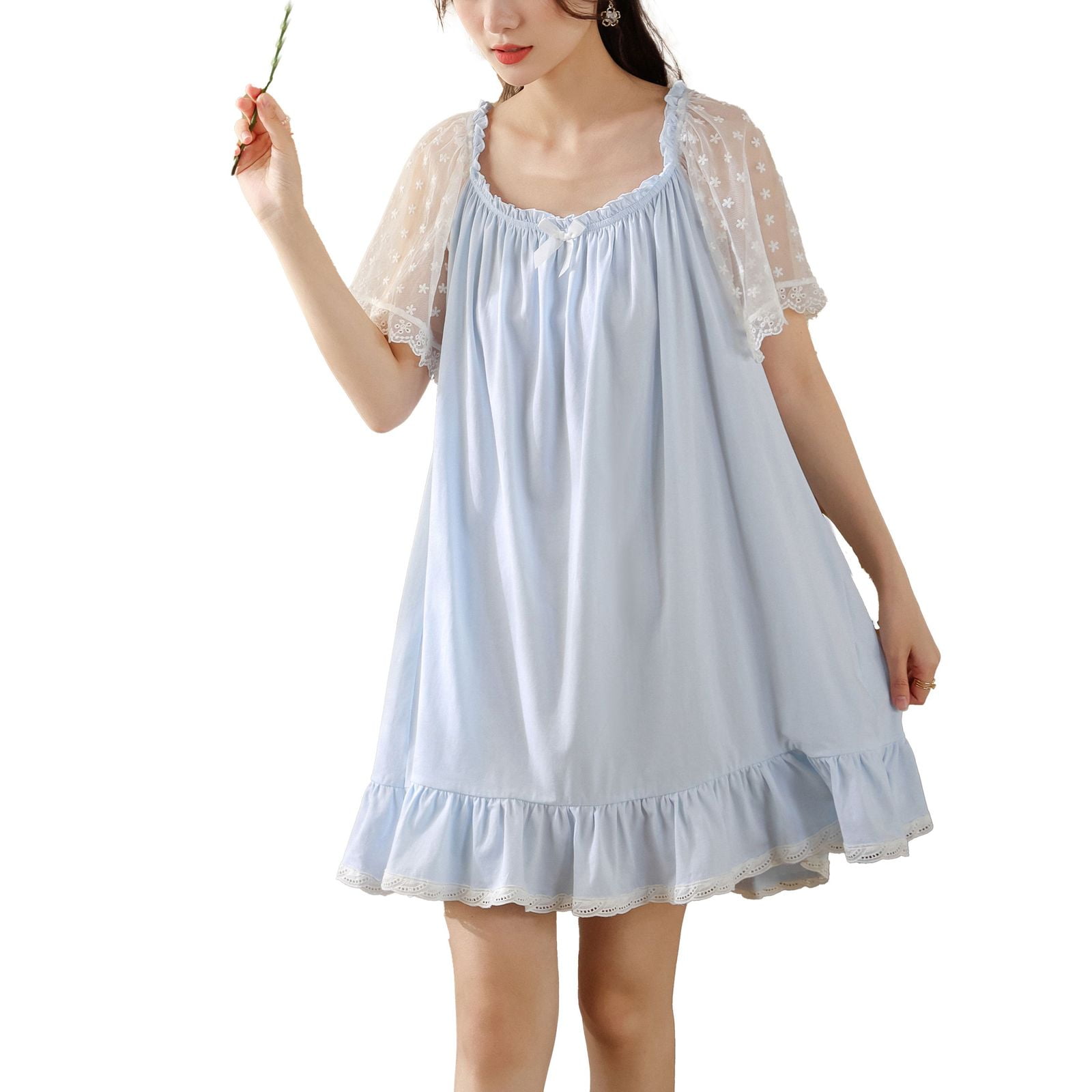 Defitshape Women's Cotton Victorian Nightgown Soft Ruched Scoop Neck ...