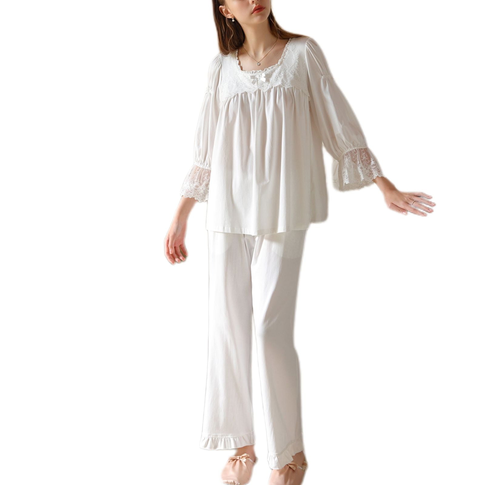 Defitshape Women's Cotton Victorian Pajama Set Soft Lightweight Pjs 2 ...