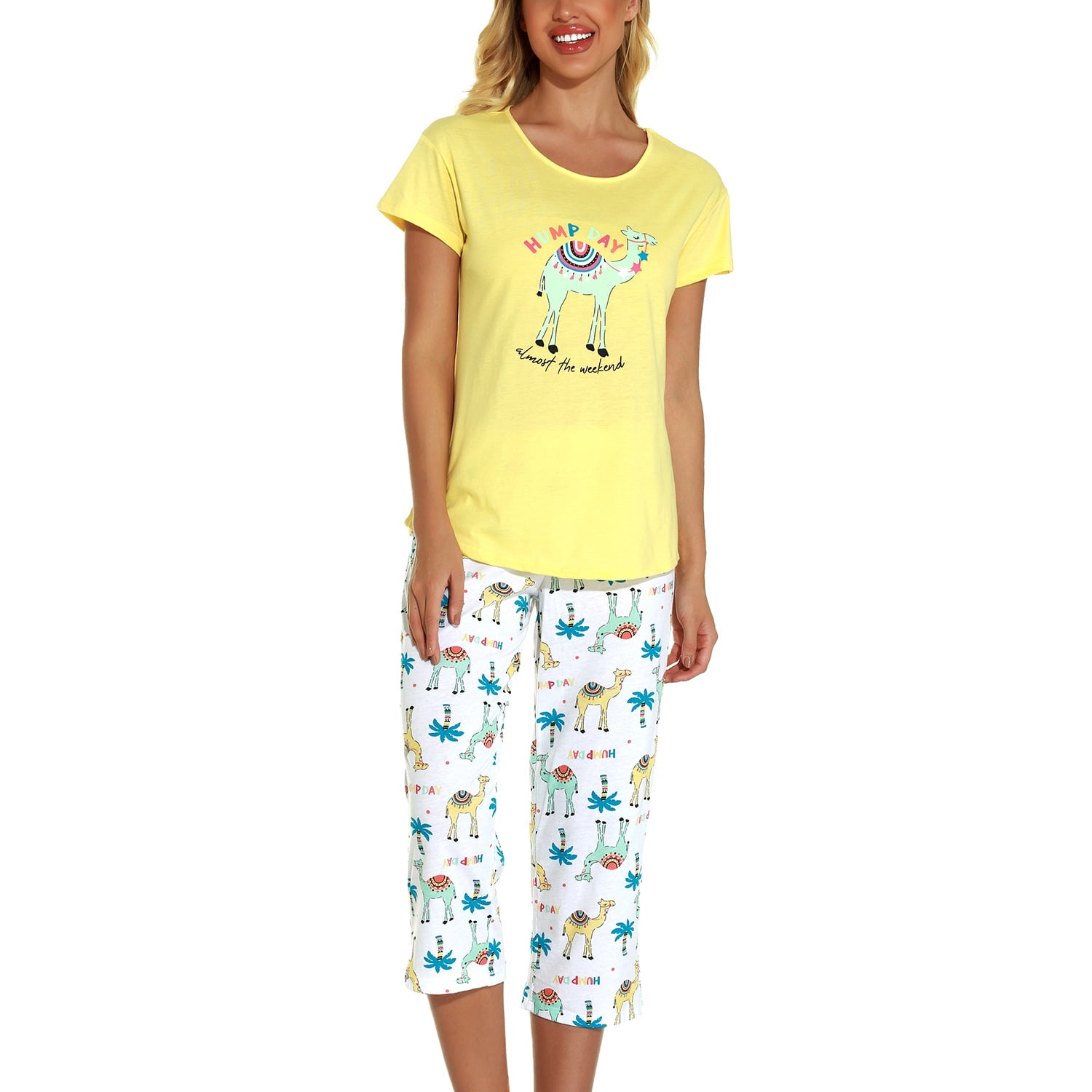 Defitshape Womens Cute Capri Soft Pajama Set Cotton Loungewear Short