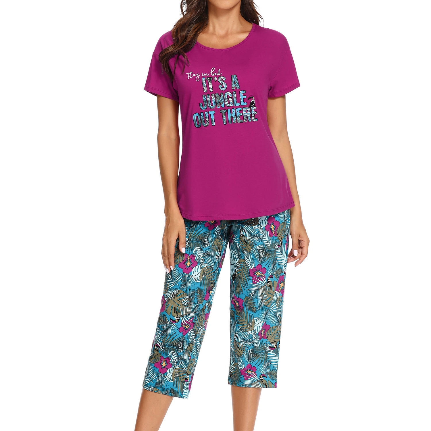 Defitshape Womens Cute Cotton Pajama Set Capri Loungewear Soft Short