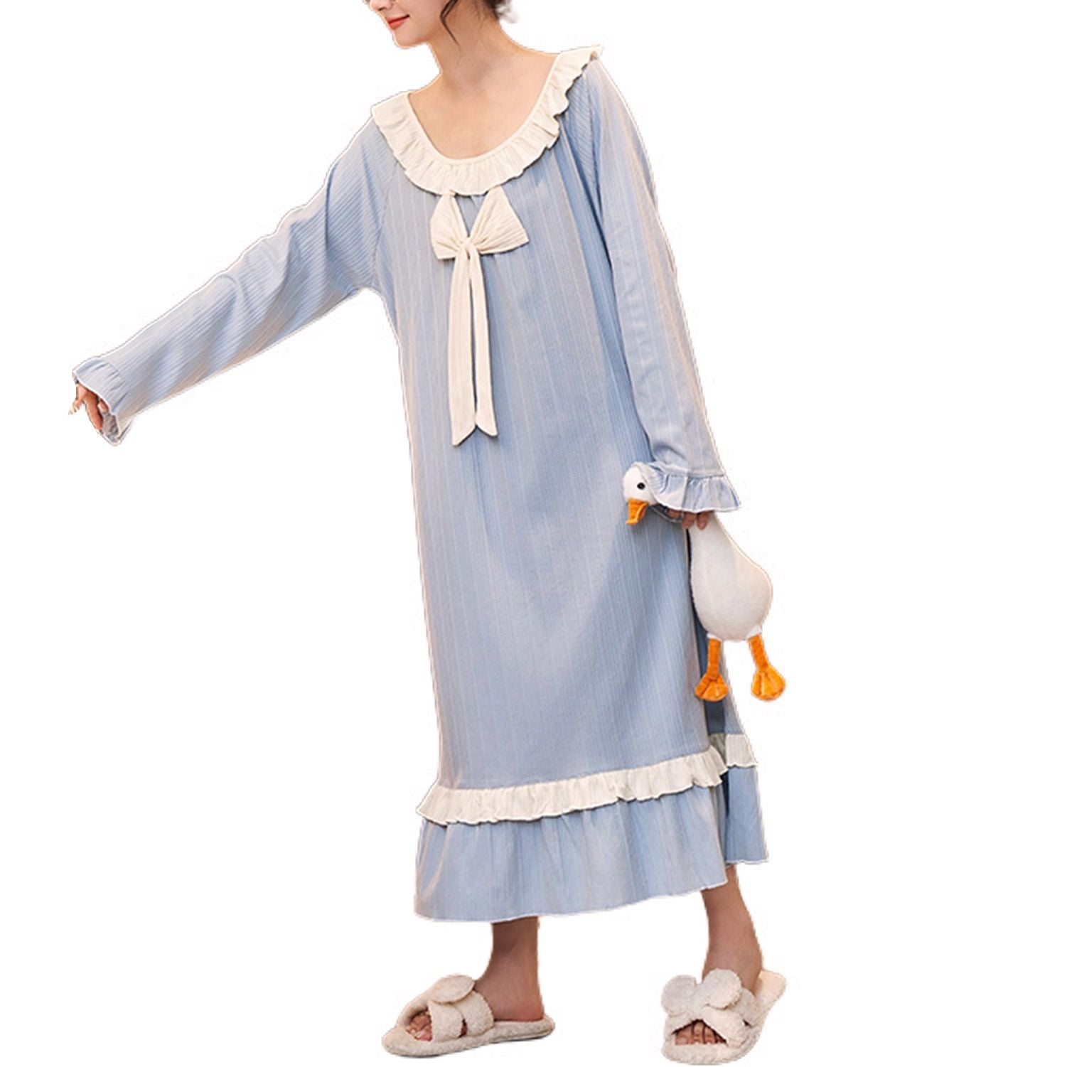 Defitshape Women's Cute Long Sleeve Nightgown Padded Midi Sleep Dress ...