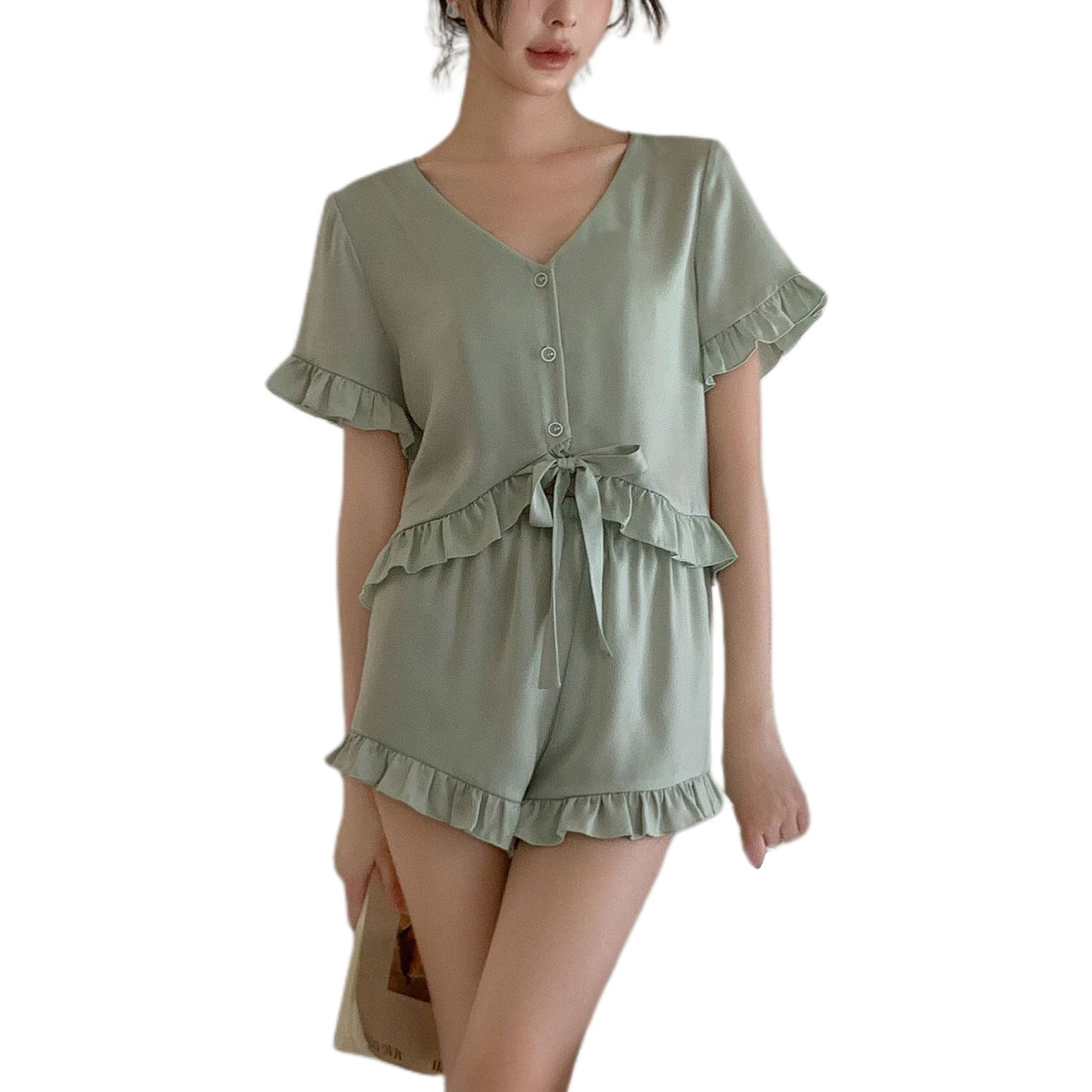 Defitshape Women's Cute Pajama Set Frilly Summer Pjs Short Sleeve Crop ...