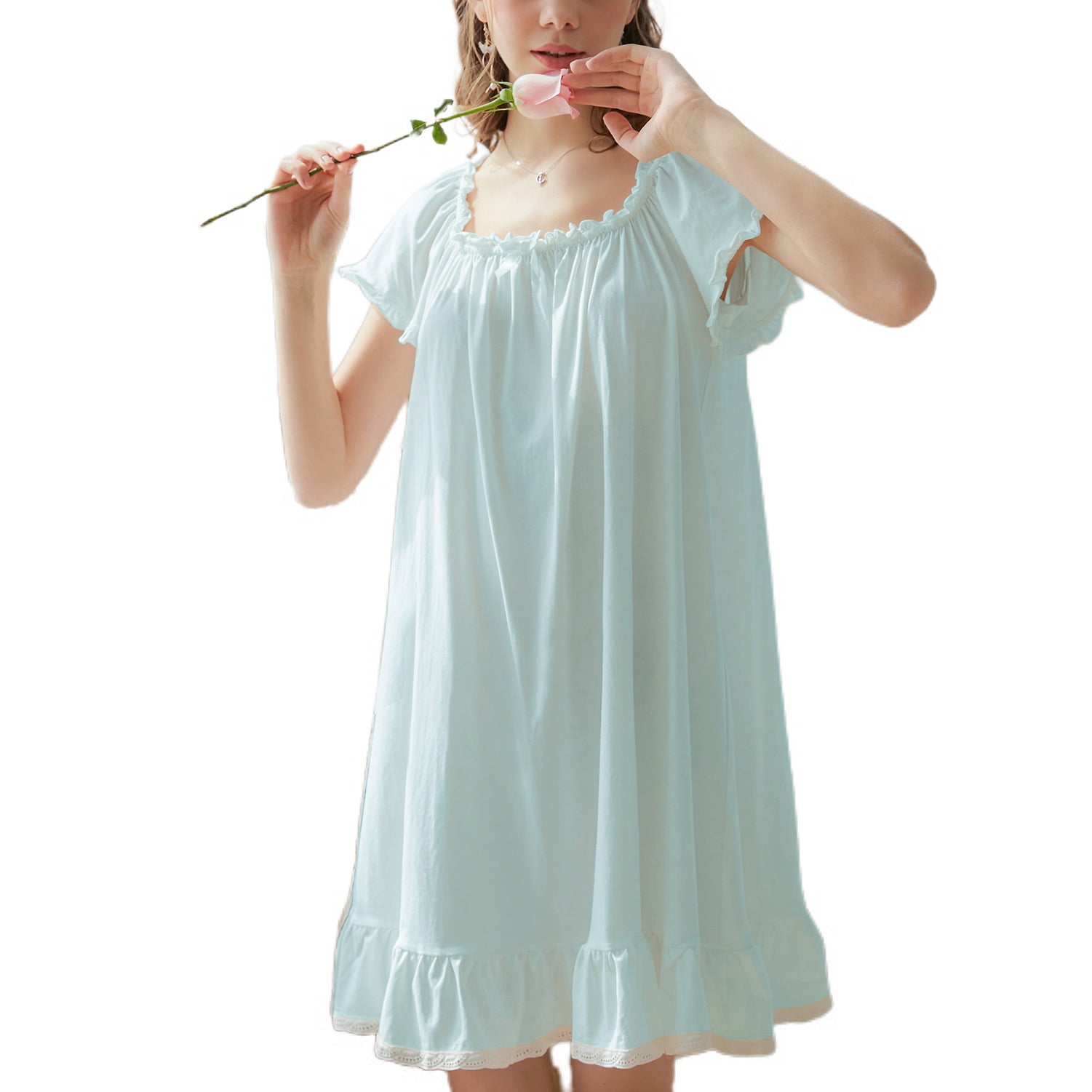Defitshape Women's Cute Square Neck Pj Soft Short Sleeve Pajama Dress ...