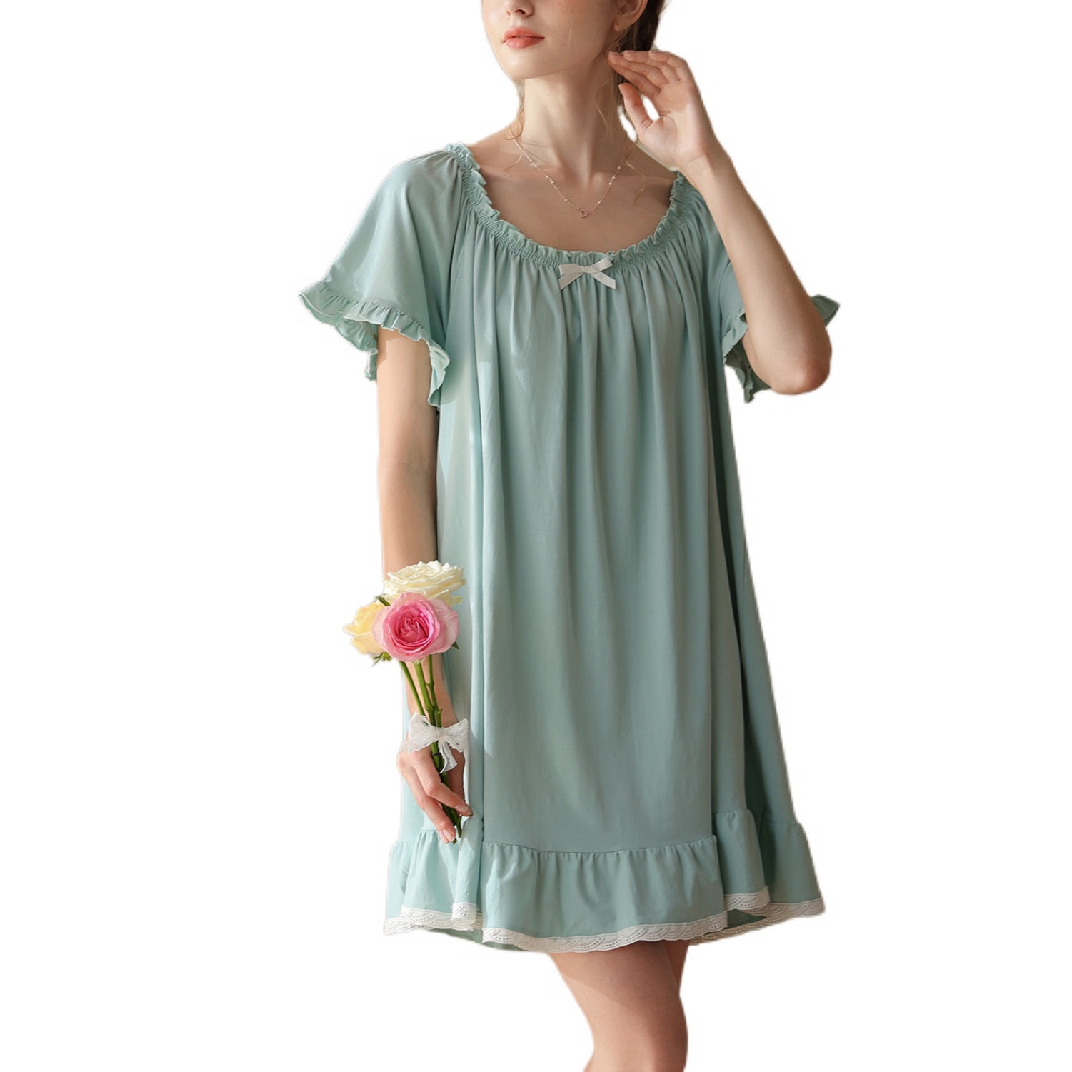 Defitshape Women's Cute Square Neck Pj Soft Short Sleeve Pajama Dress ...