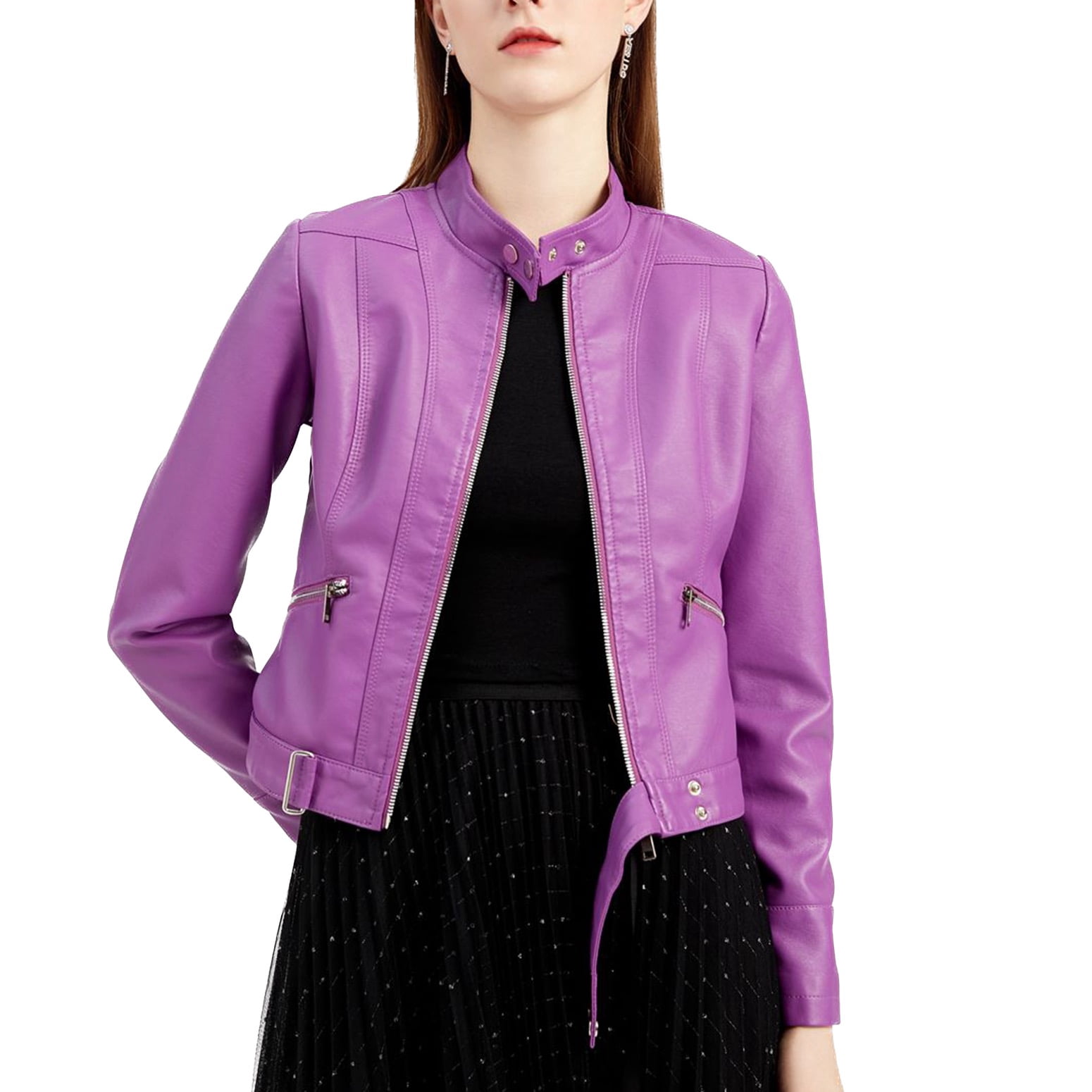Defitshape Women's Faux Leather Jacket Winter Fashion Crop Moto Jackets ...
