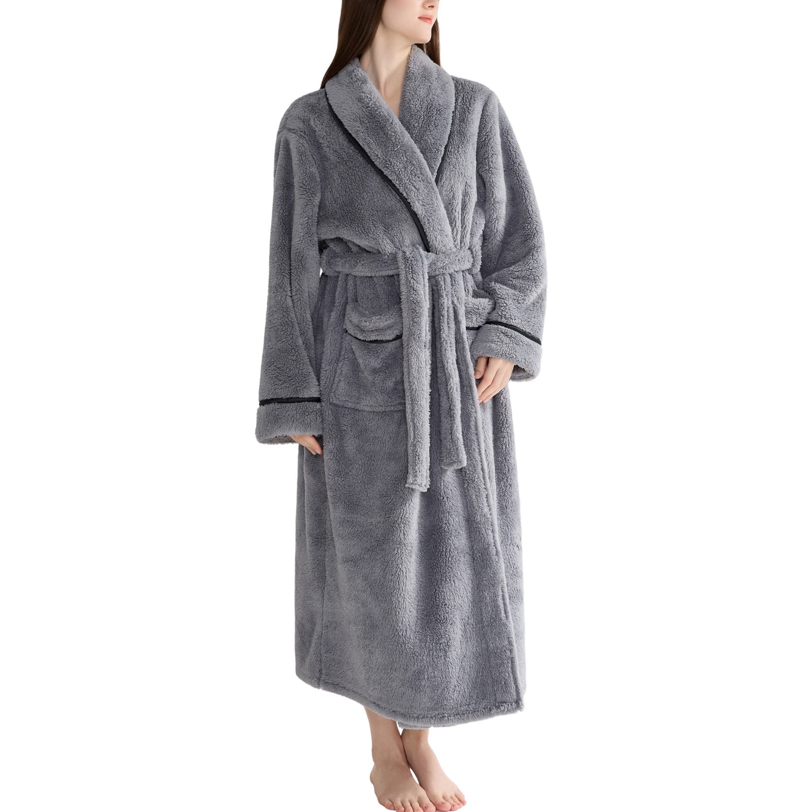 Defitshape Women's Fleece Bathrobe Ankle Bathrobes Fuzzy Plush Billowy ...