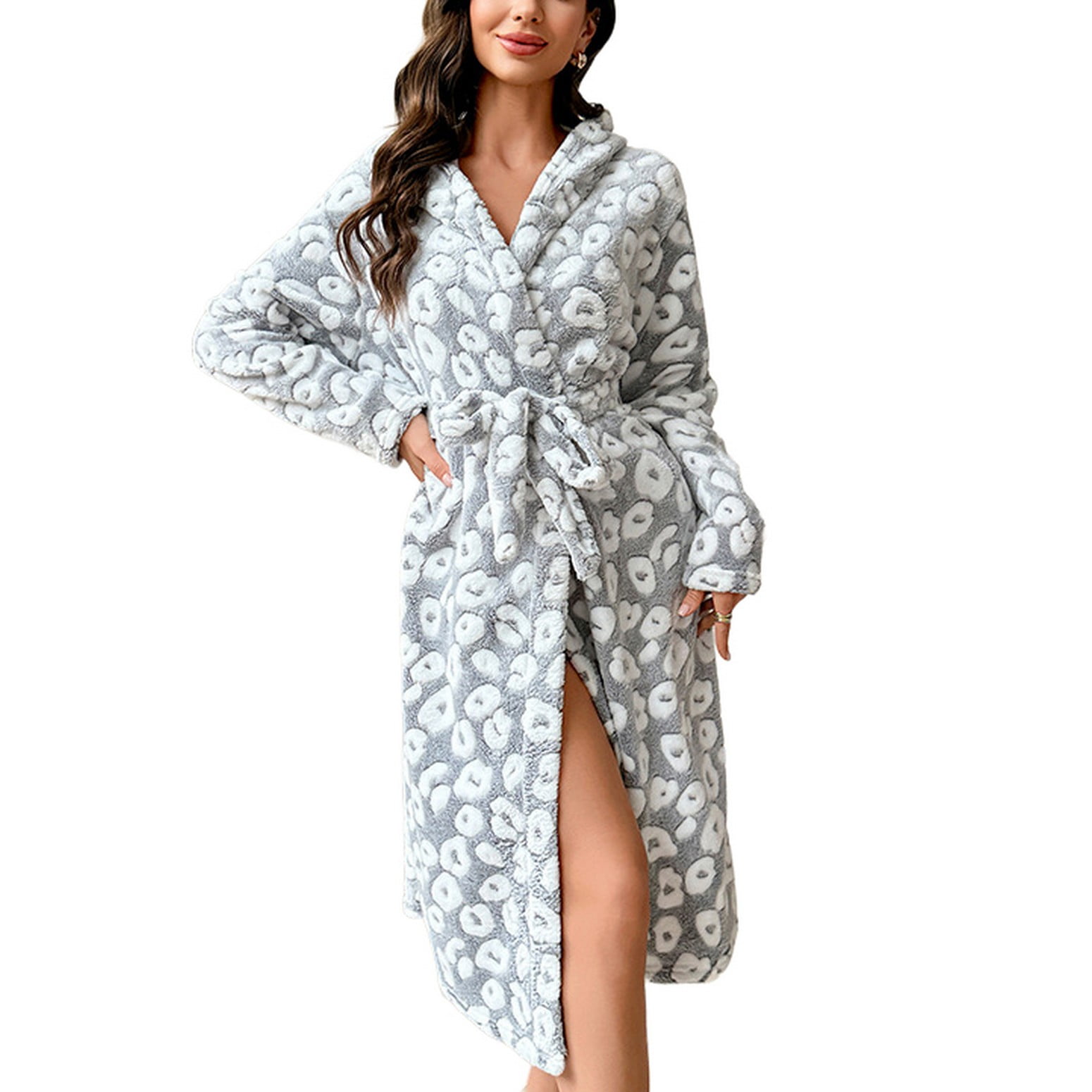 Defitshape Women's Fleece Fuzzy Robe Calf Length Bath Robe Fluffy ...
