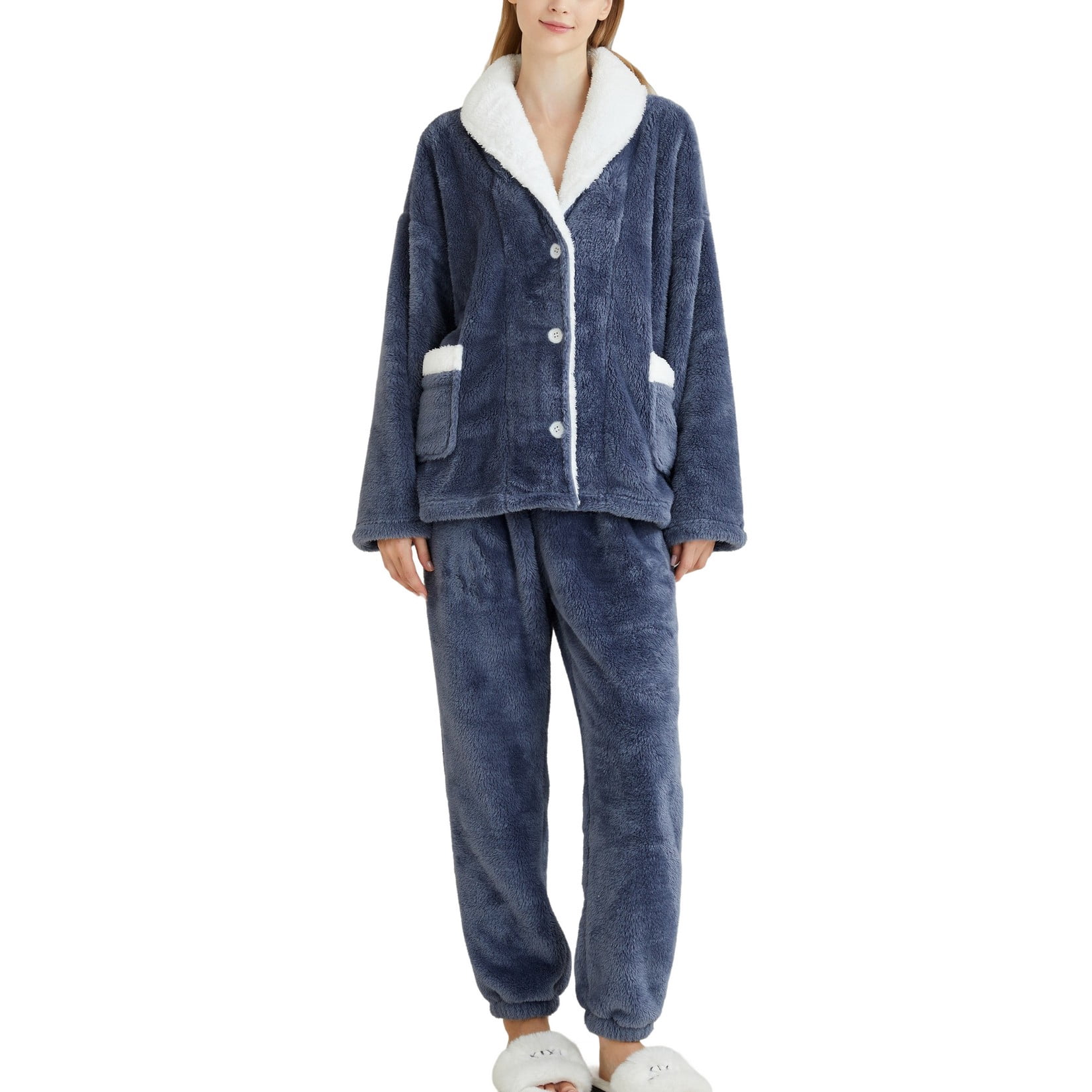 Defitshape Women's Fuzzy Fleece Pajama Sets Bottom Closed Loungewear 2 ...