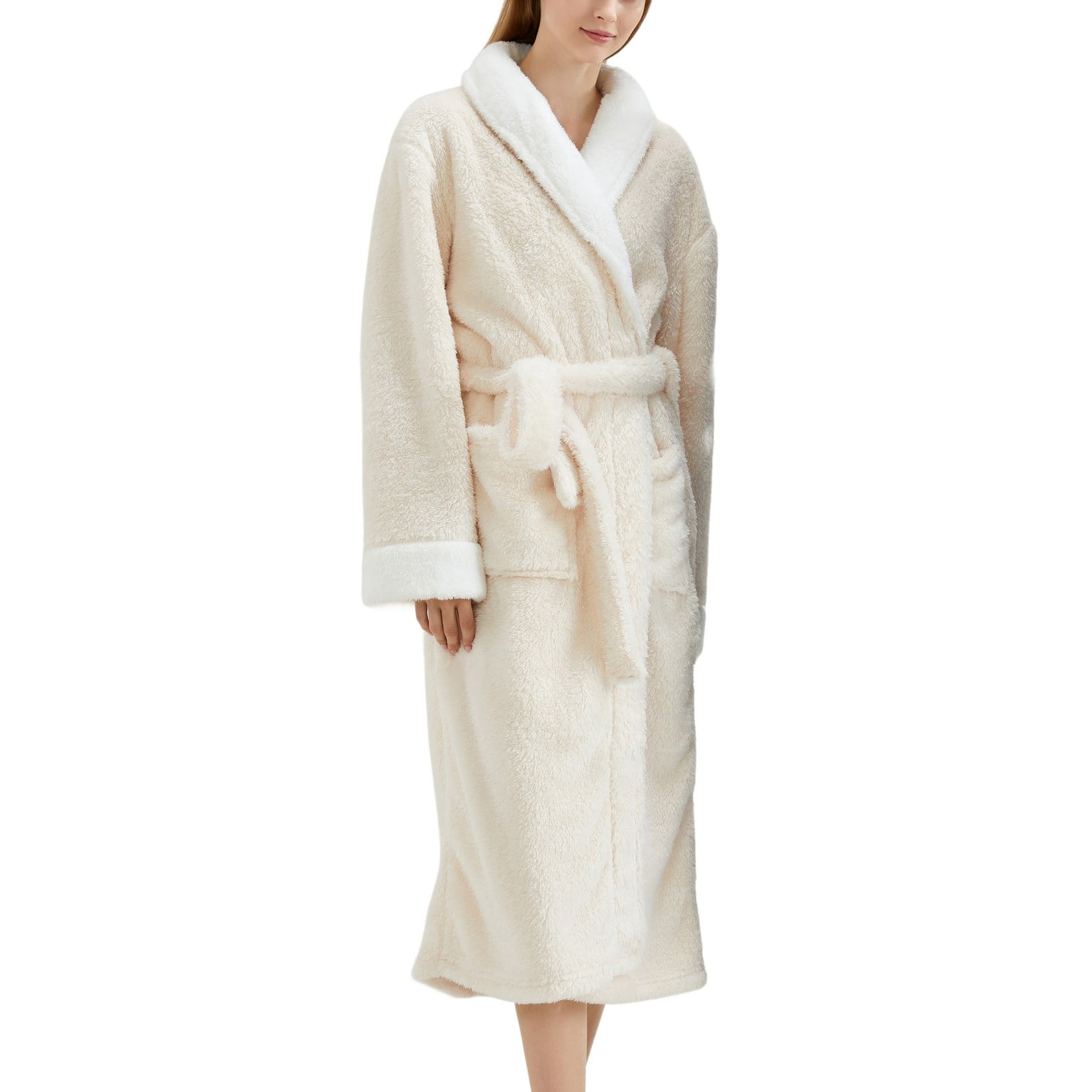 Defitshape Women's Fuzzy Fleece Robe Calf Length Kimono Long Bathrobe ...