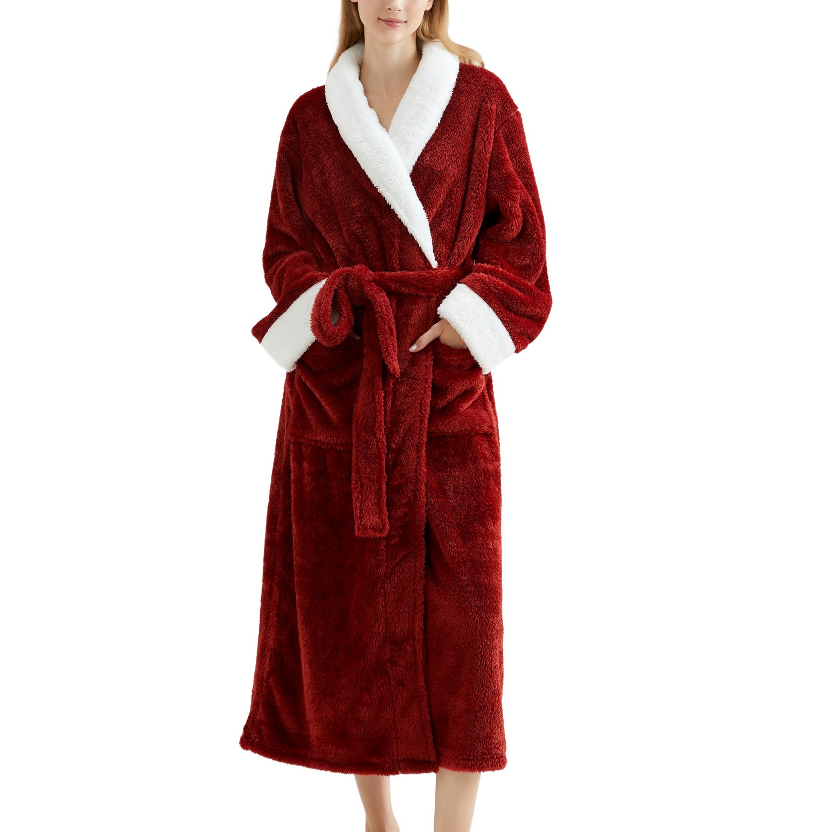 Defitshape Women's Fuzzy Fleece Robe Calf Length Kimono Long Bathrobe ...
