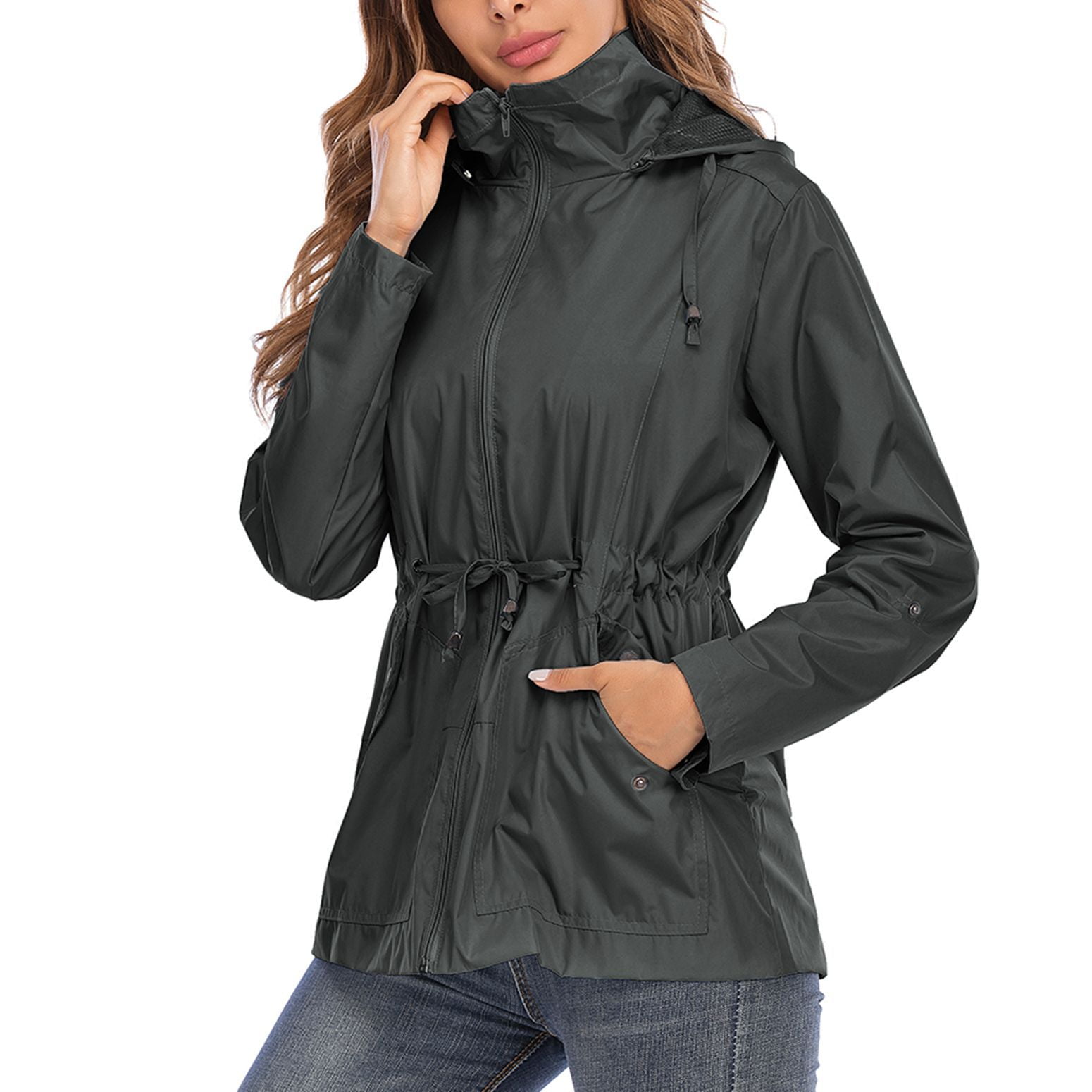 Defitshape Women's Hooded Rain Jacket Waterproof Anorak Jacket Raincoat ...