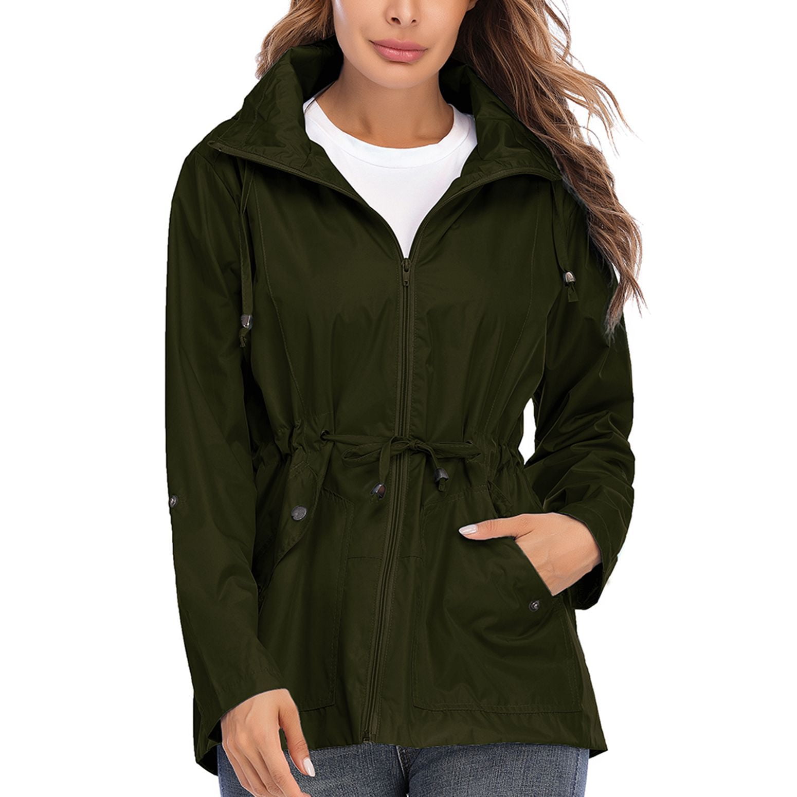 Defitshape Women's Hooded Rain Jacket Waterproof Anorak Jacket Raincoat ...