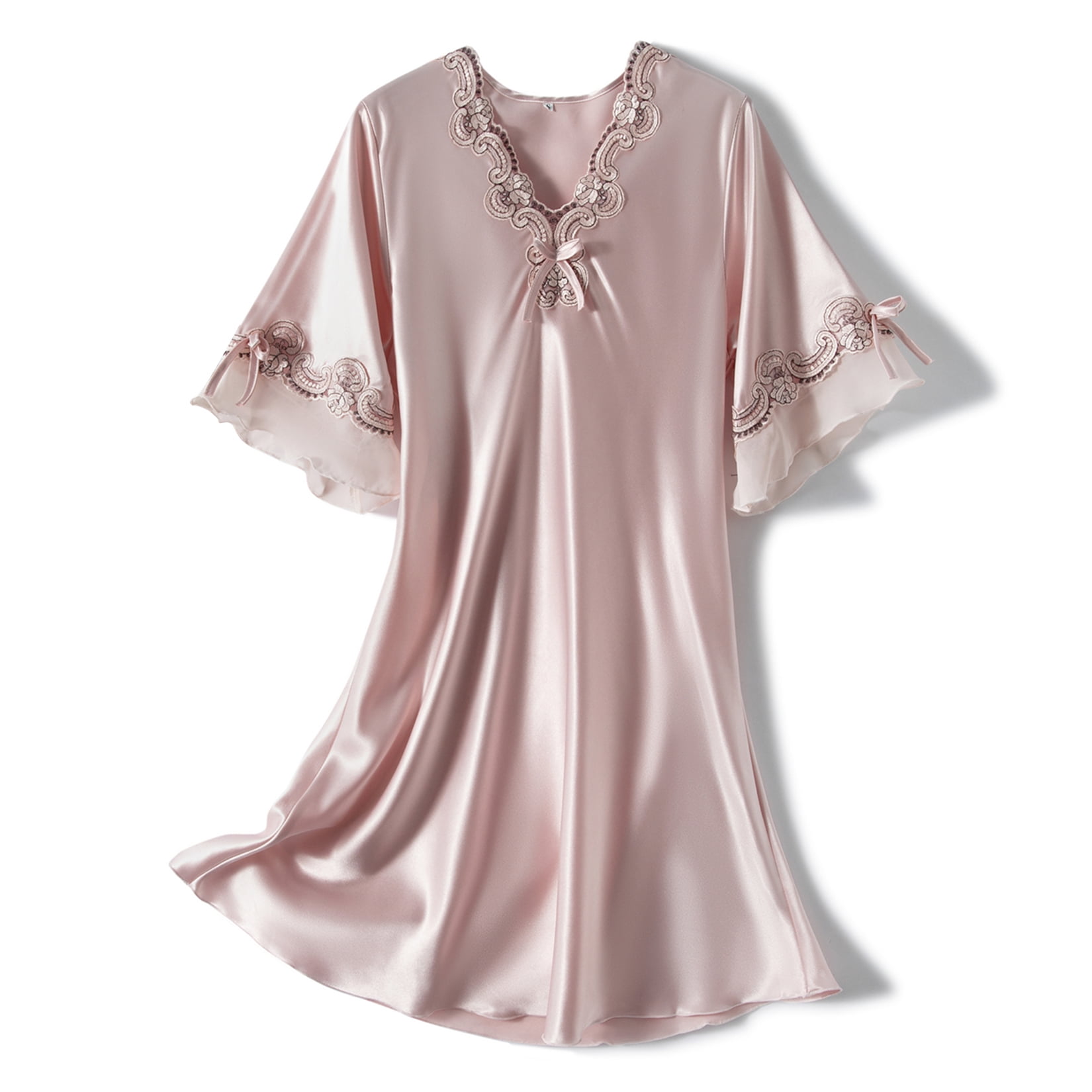 Lu's Chic Women's Silk Nightgown, Satin Gown, Lace Night Shirt, Pink, X ...