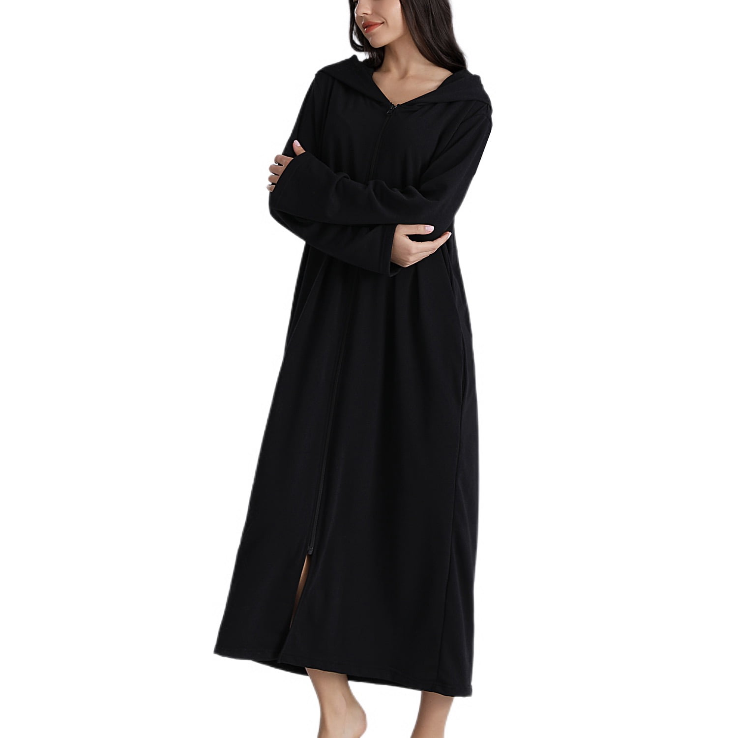 Defitshape Women's Long Hooded Robe Zipper Front Soft Lightweight Long ...