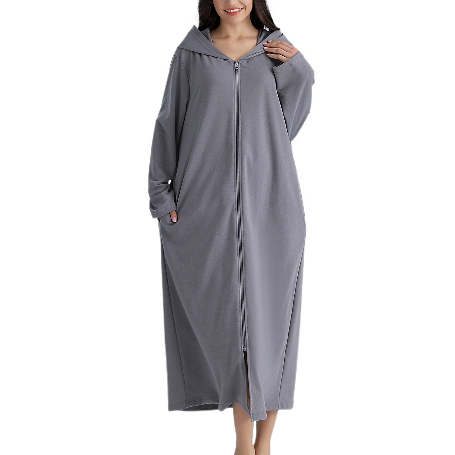 Defitshape Women's Long Hooded Robe Zipper Front Soft Lightweight Long ...
