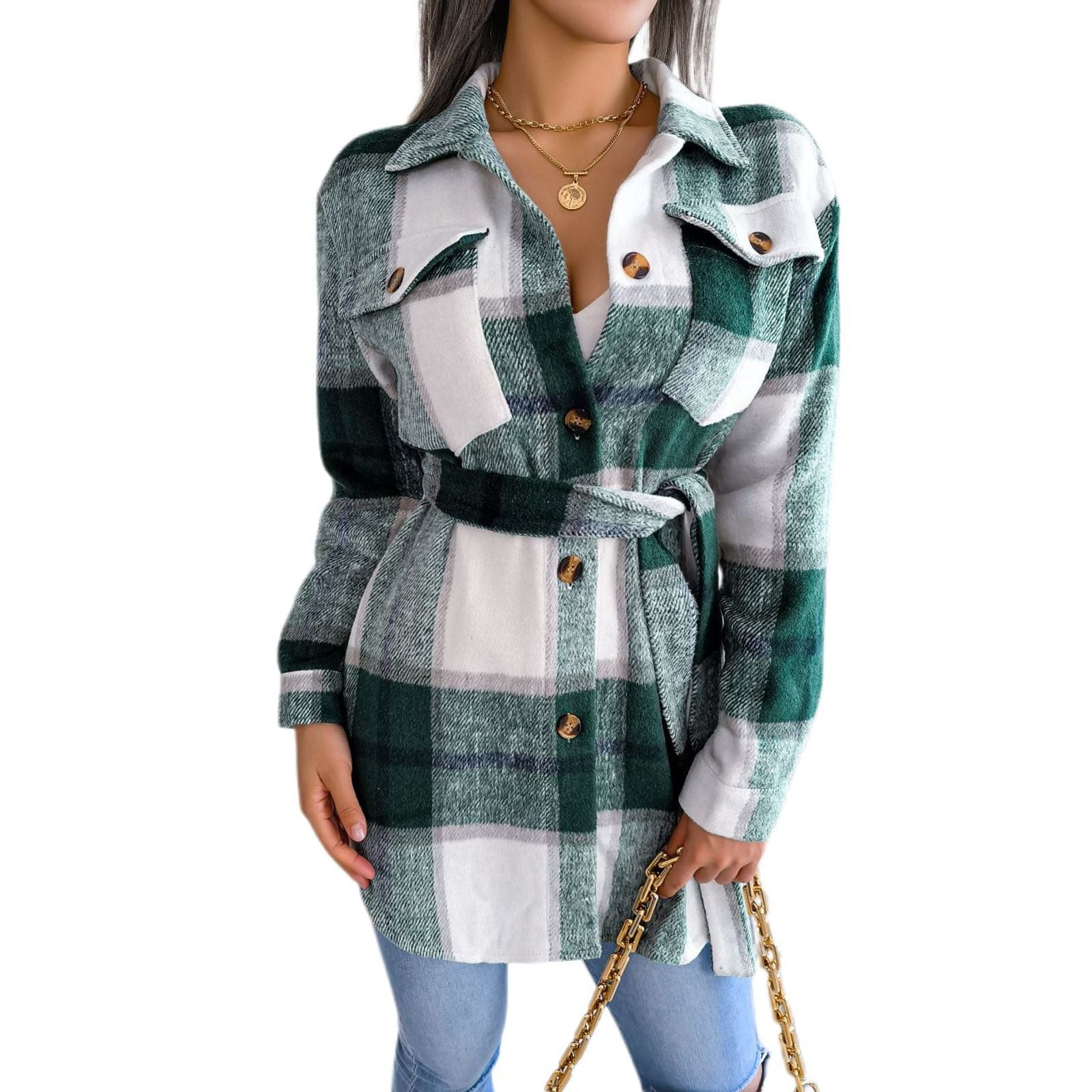 Defitshape Women's Long Plaid Shirt Jacket Soft Flannel Slim Fit Fall ...