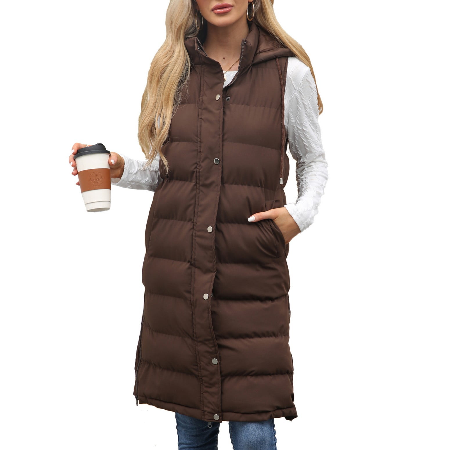 Defitshape Women's Long Puffer Vest Quilted Jacket Puffy Casual Coats ...