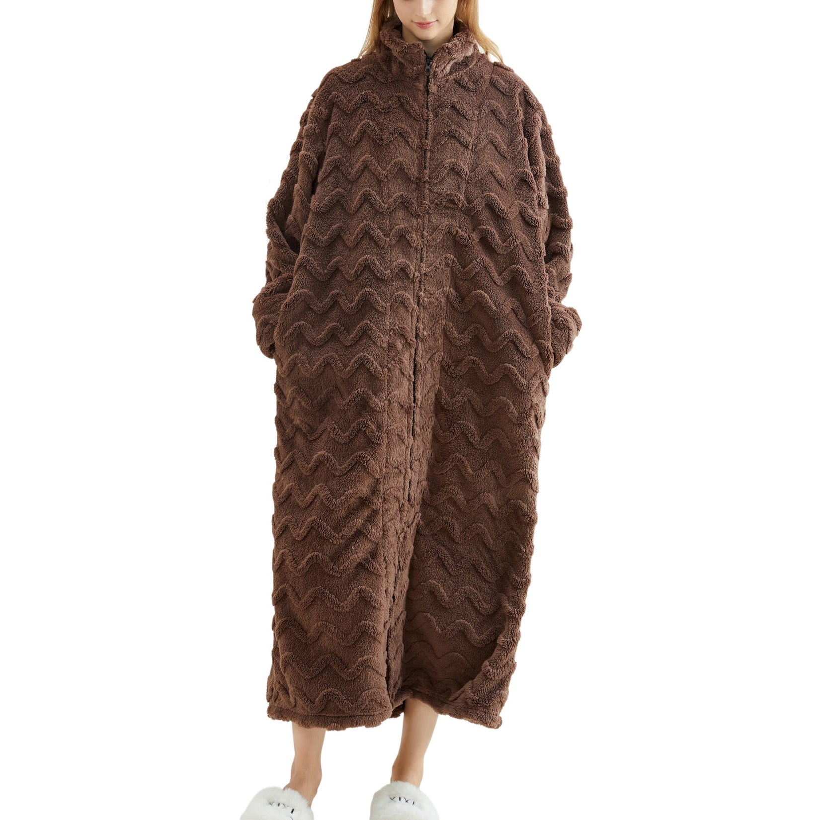Defitshape Women's Long Robe Long Sleeve Bathrobe Fleece Housecoat Zip ...
