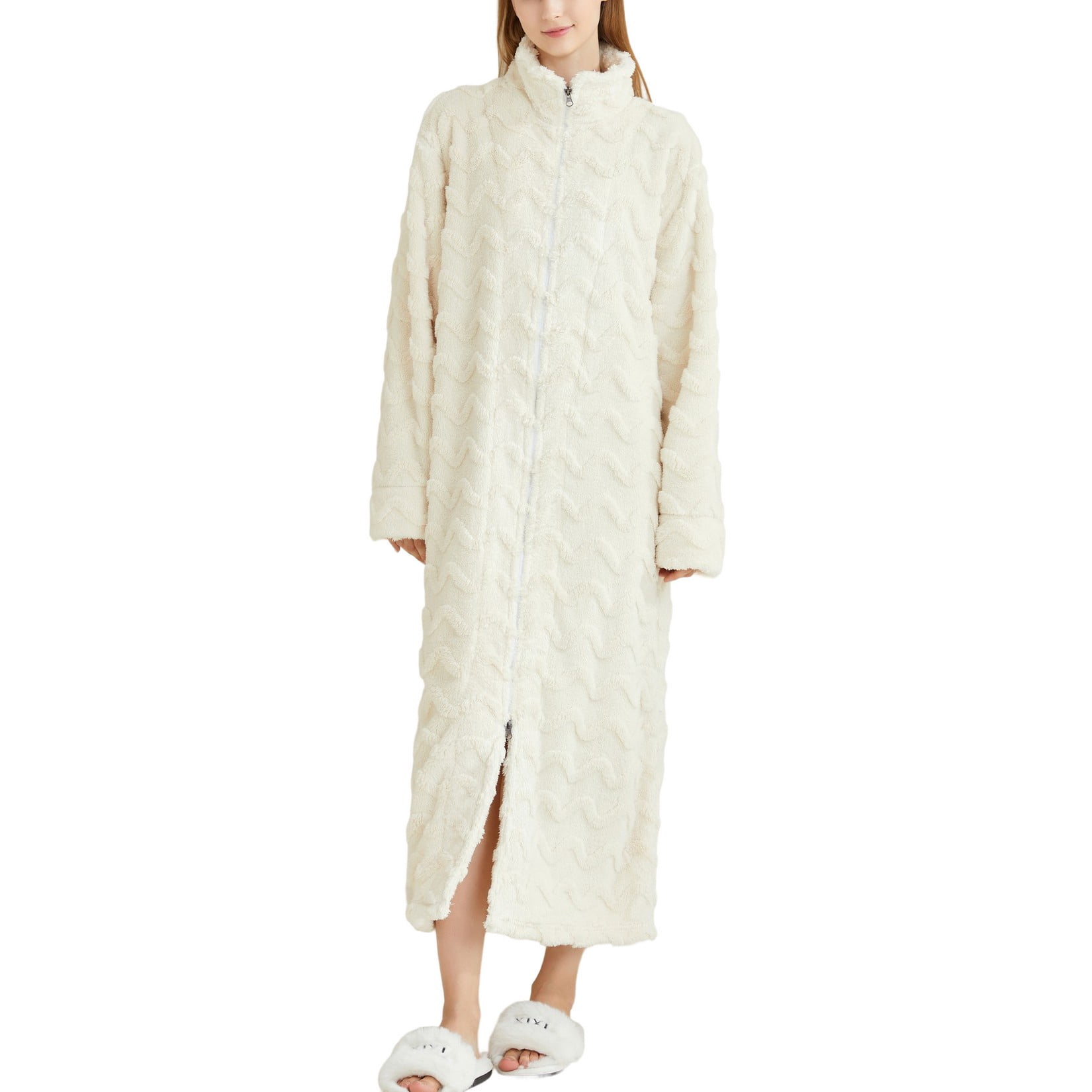 Defitshape Women's Long Robe Long Sleeve Bathrobe Fleece Housecoat Zip ...
