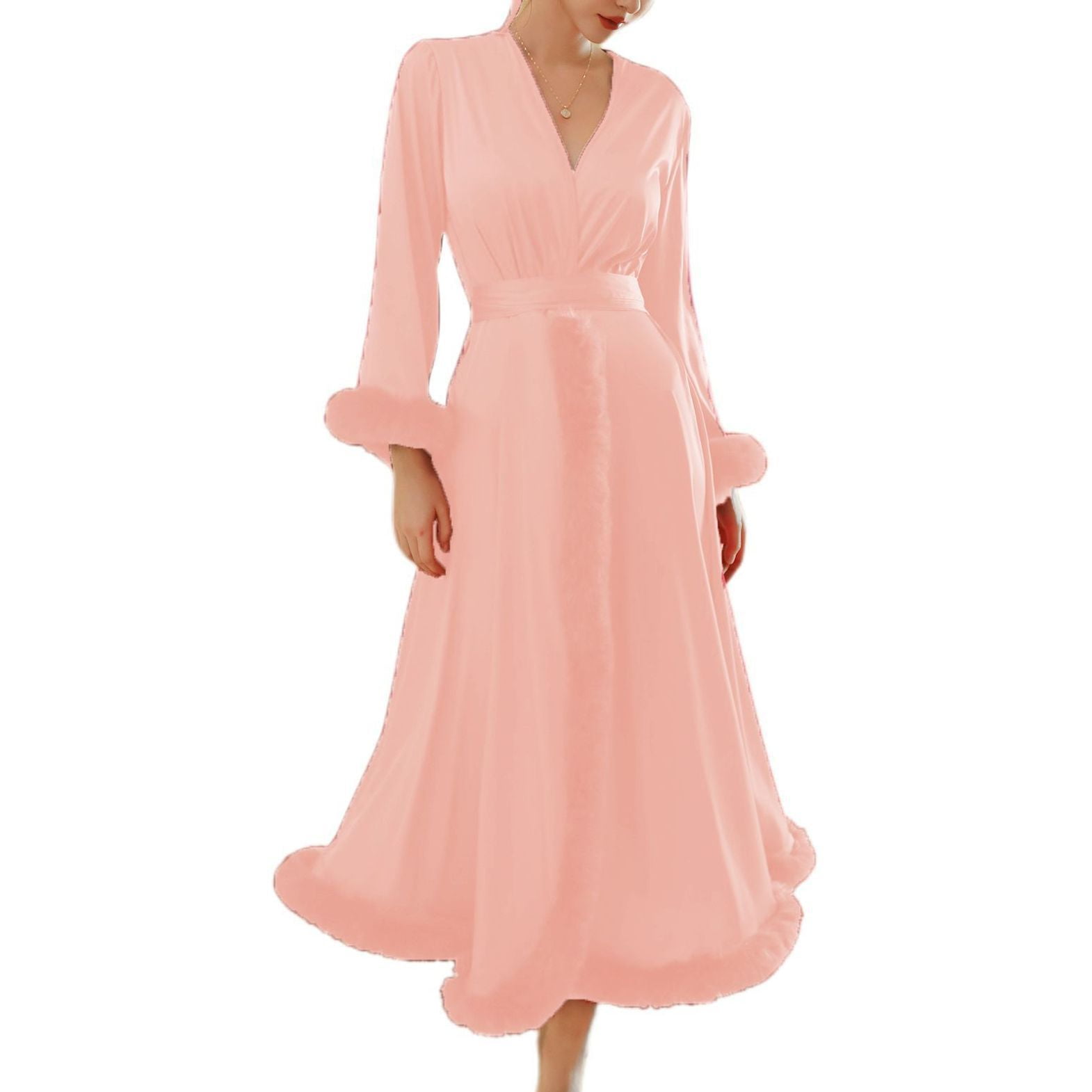 Defitshape Women's Long Robe Satin Luxury Faux Fur Trim Bridal Robes ...