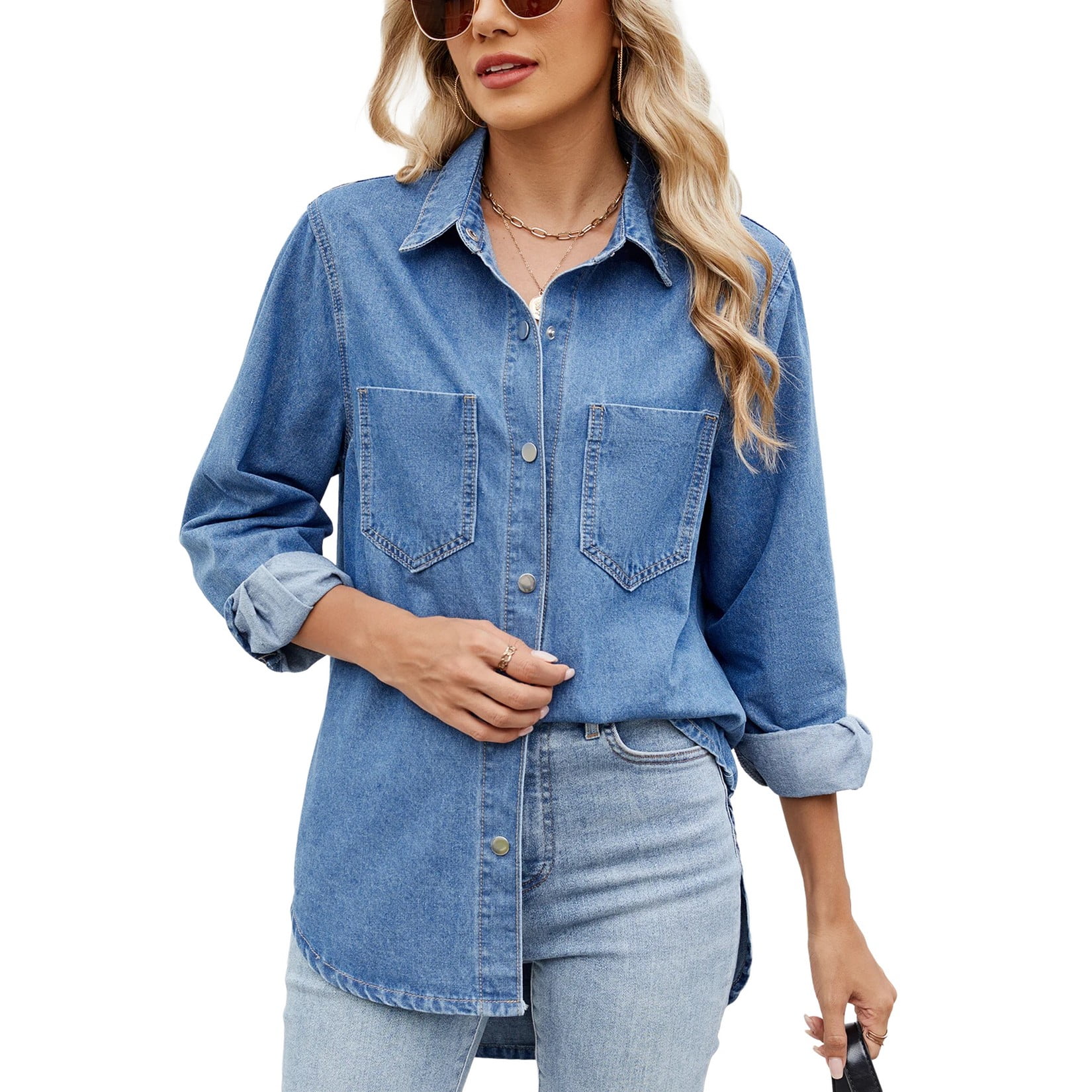 Defitshape Women's Long Sleeve Button Down Shirt Jean Top Denim High ...