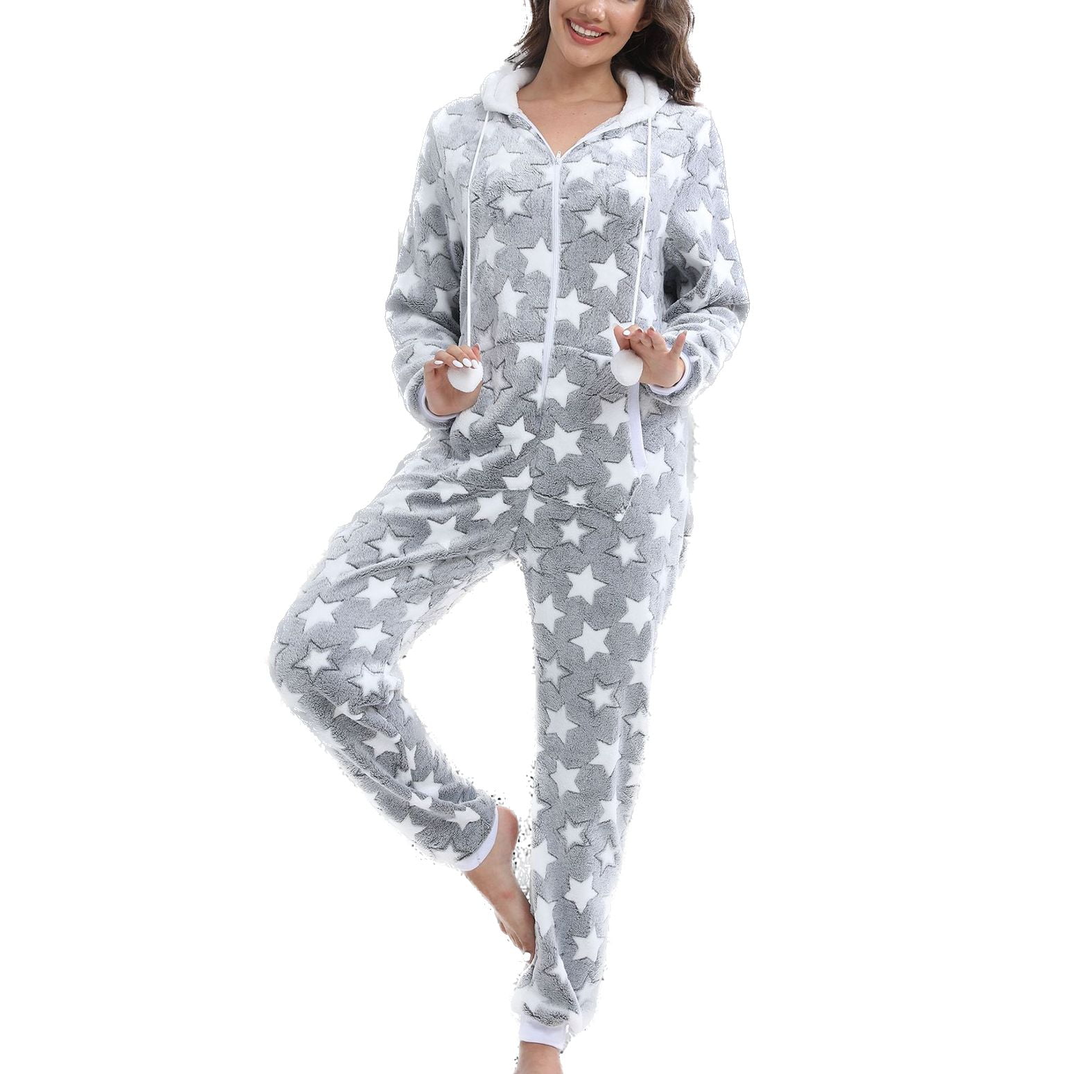 Defitshape Women's Long Sleeve Hooded Onesie Pajama Fuzzy Fleece Cute ...