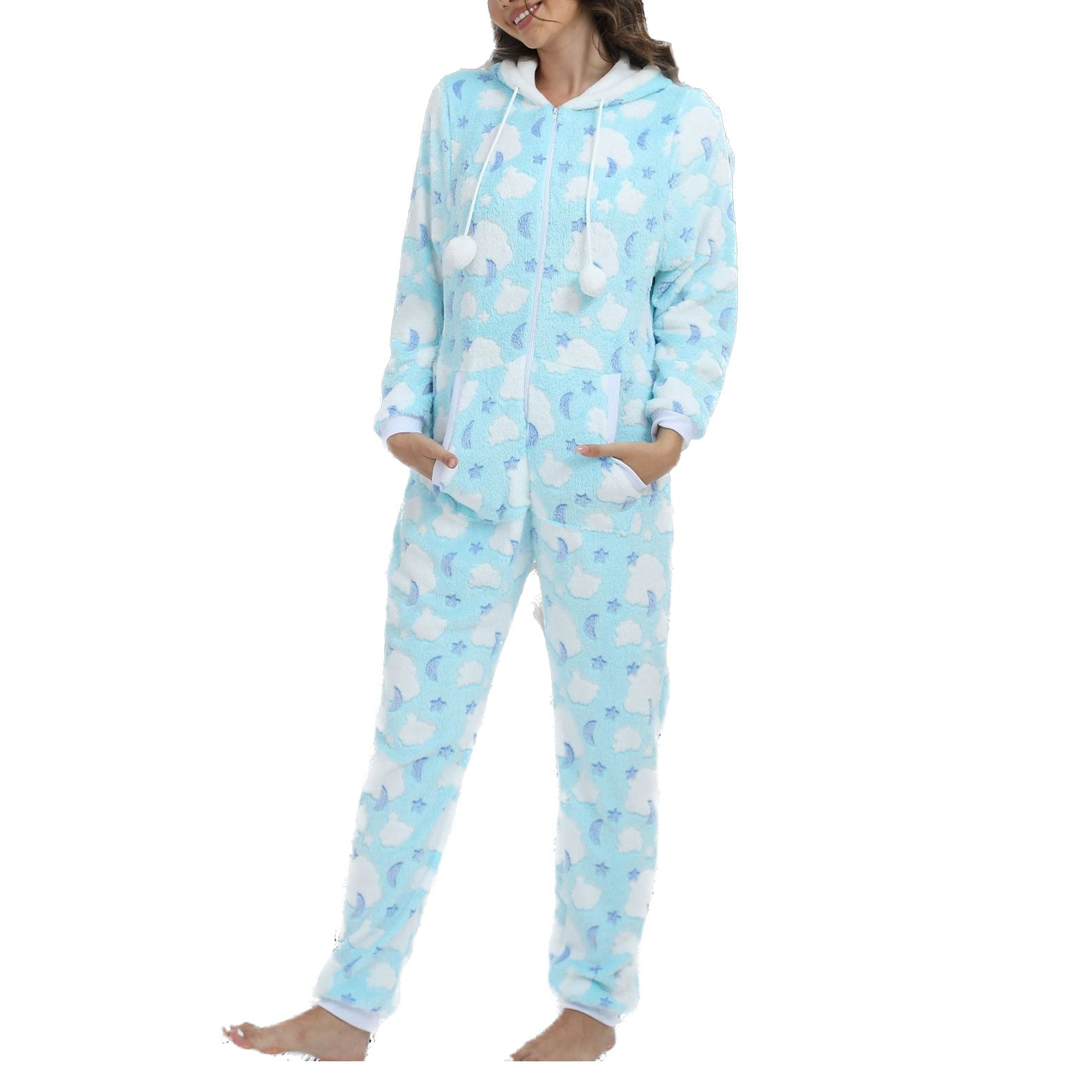 Defitshape Women's Long Sleeve Hooded Onesie Pajama Fuzzy Fleece Cute ...