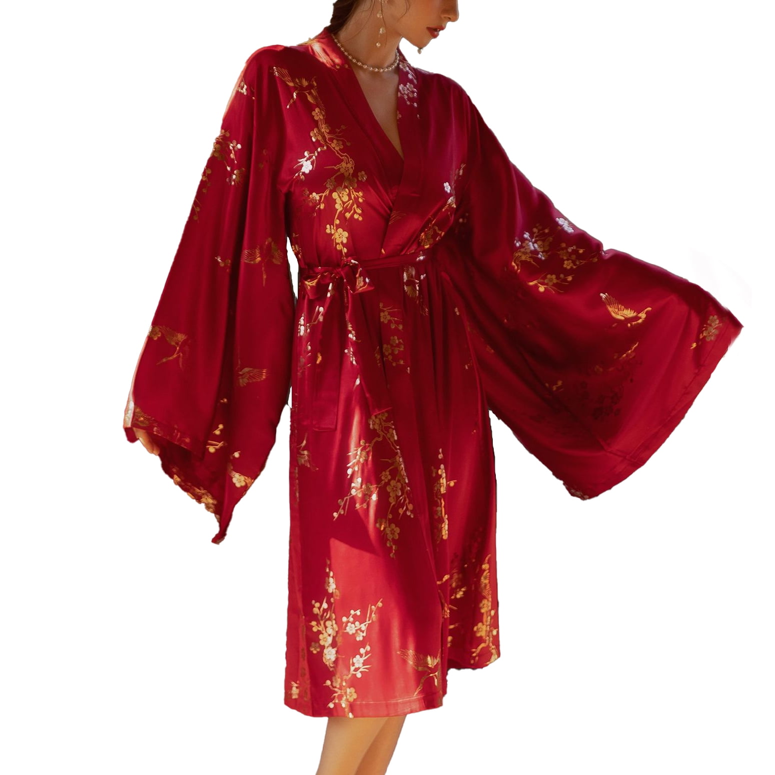 Defitshape Women's Long Sleeve Kimono Robe Luxury Silk Robes Vintage ...