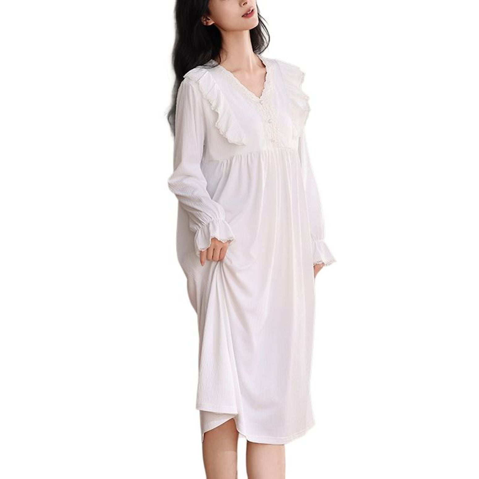 Defitshape Women's Long Sleeve Nightgown Victorian Night Gown V Neck ...
