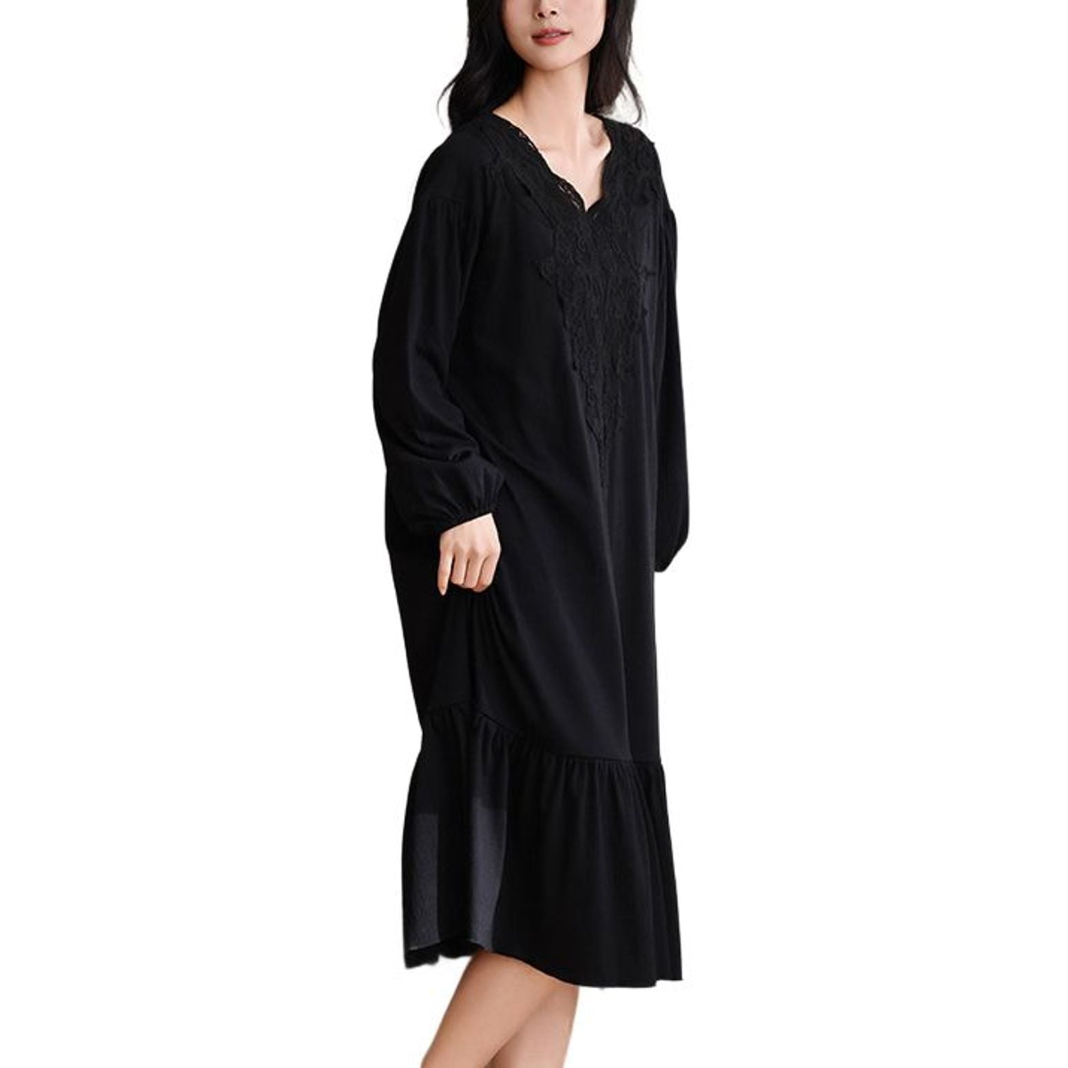 Defitshape Women's Long Sleeve Nightgown Victorian Night Gown V Neck ...