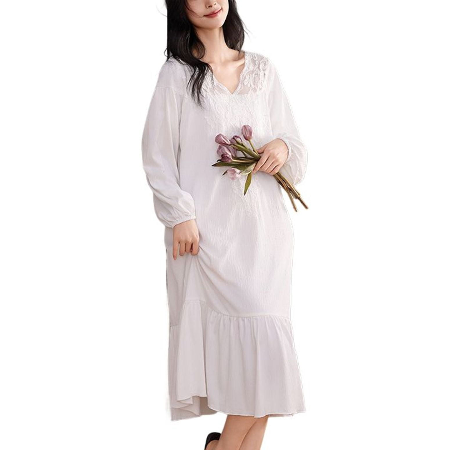 Defitshape Women's Long Sleeve Nightgown Victorian Night Gown V Neck ...